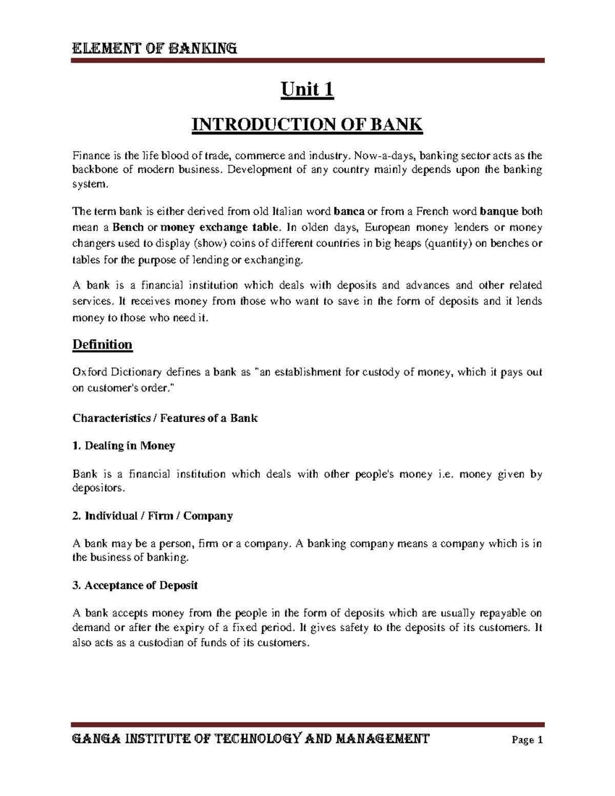 Element OF Banking - uiopp - Unit 1 INTRODUCTION OF BANK Finance is the ...