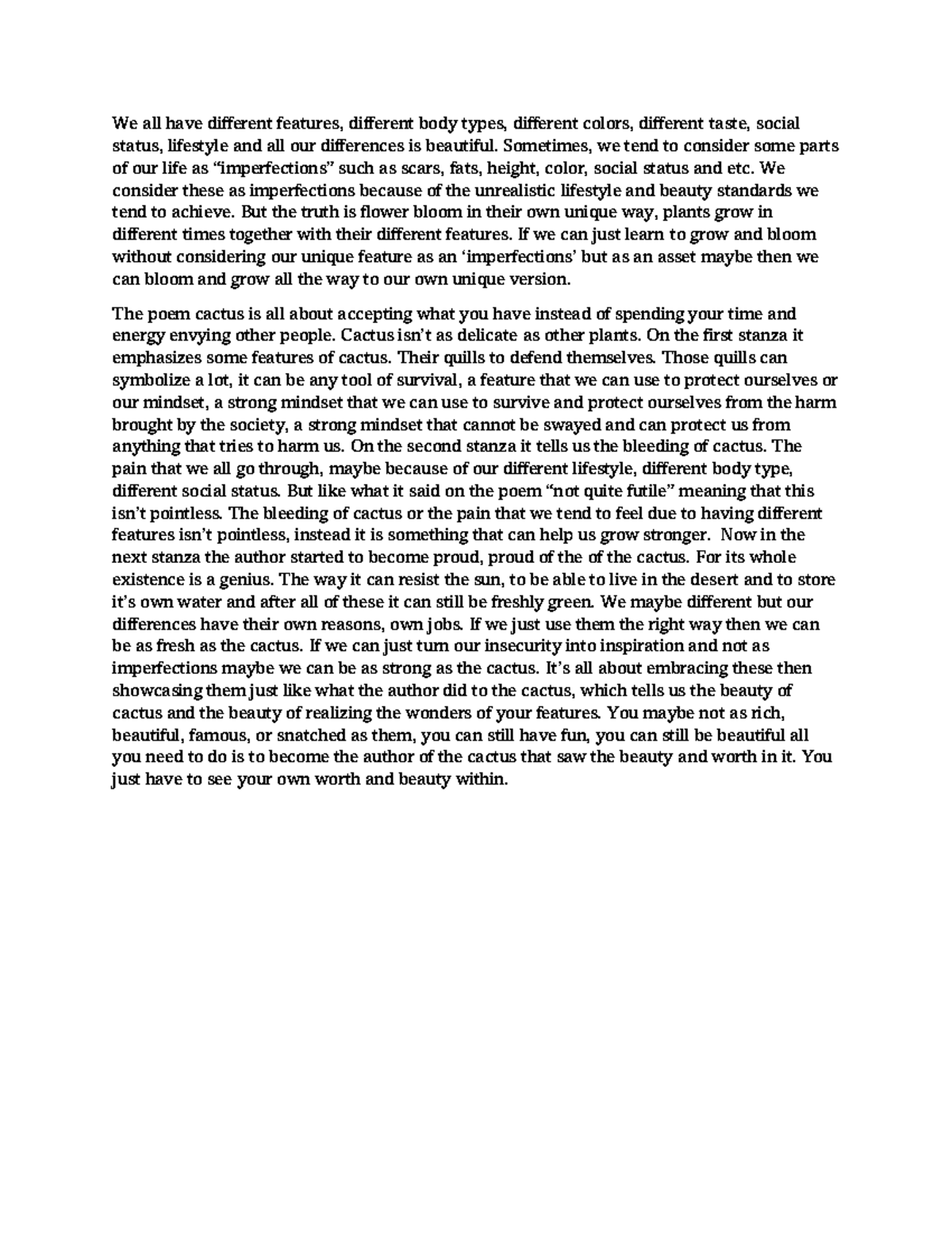 Cactus poem reflection essay - We all have different features ...