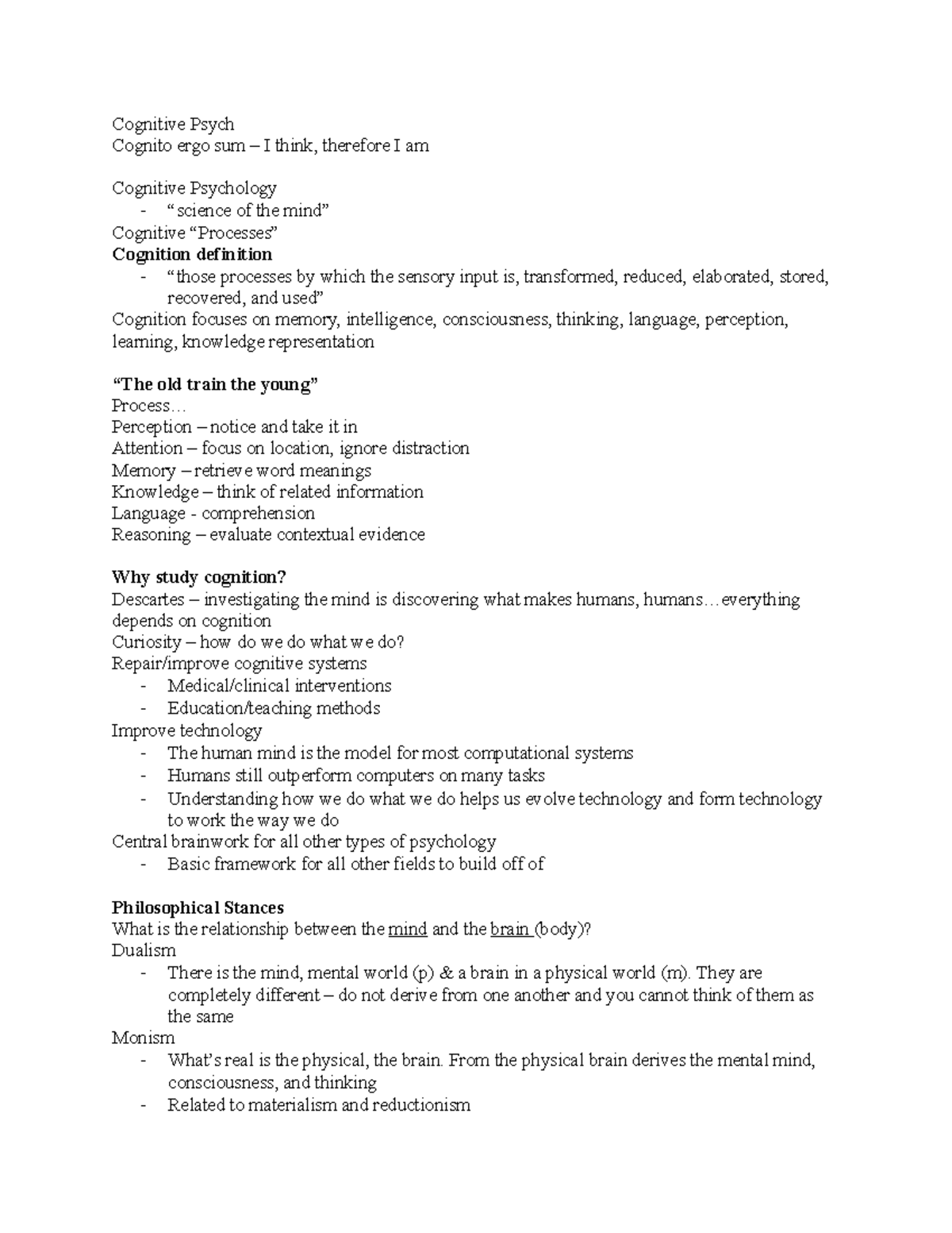 Cognitive Psych notes day 1 - Cognitive Psych Cognito ergo sum – I ...