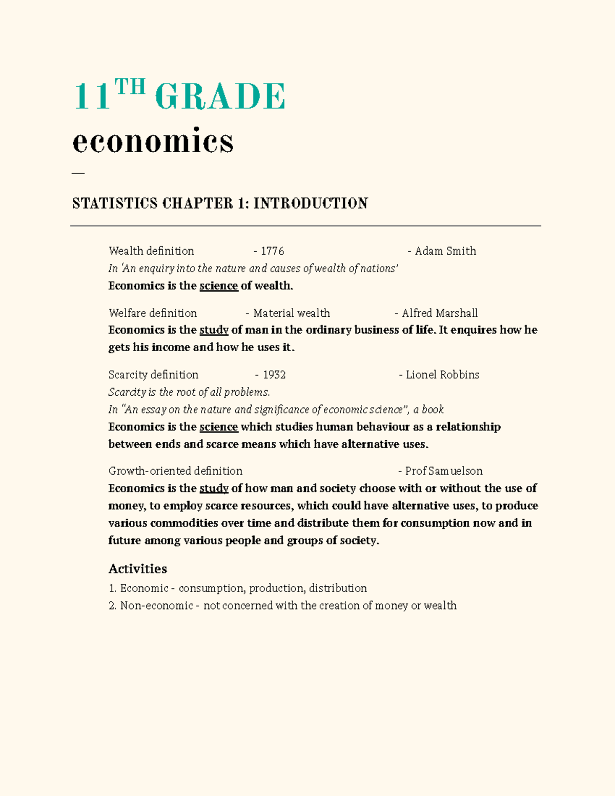Eco notes S1 - 11 TH GRADE economics ___ STATISTICS CHAPTER 1 ...