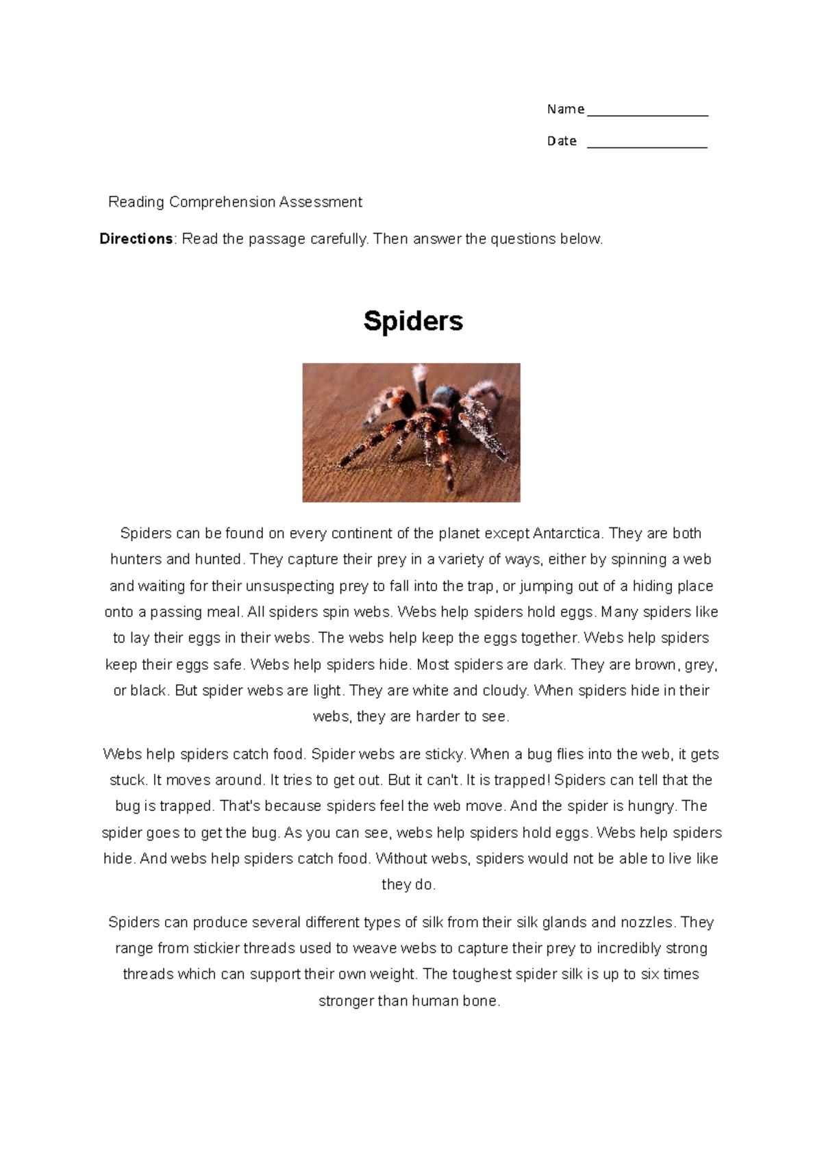 Spider pictures and notes - Name ________________ Date ...