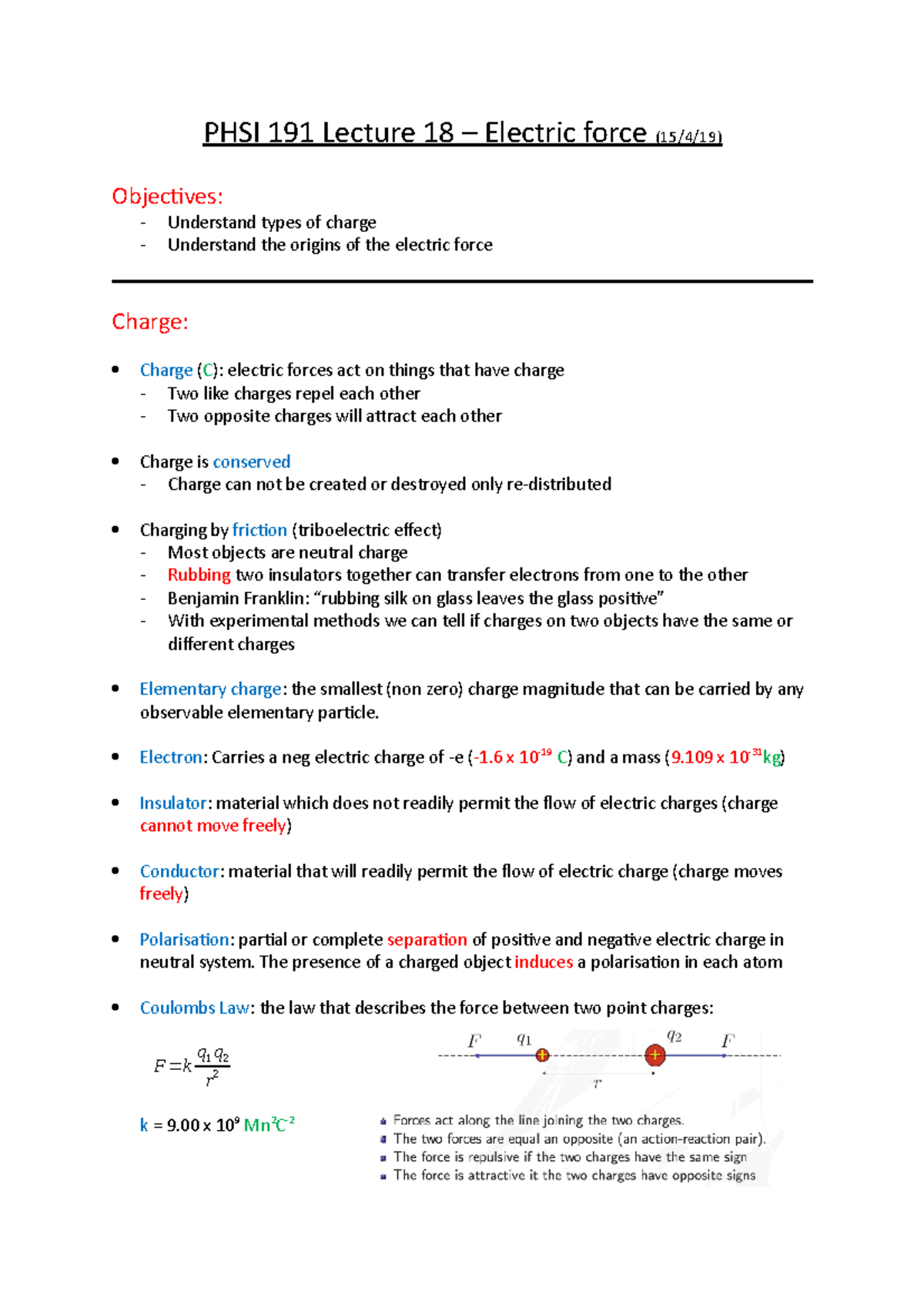 PHSI 191 Lecture 18 - PHSI191 - PHSI 191 Lecture 18 – Electric force (15/4/19) Objectives: - Studocu