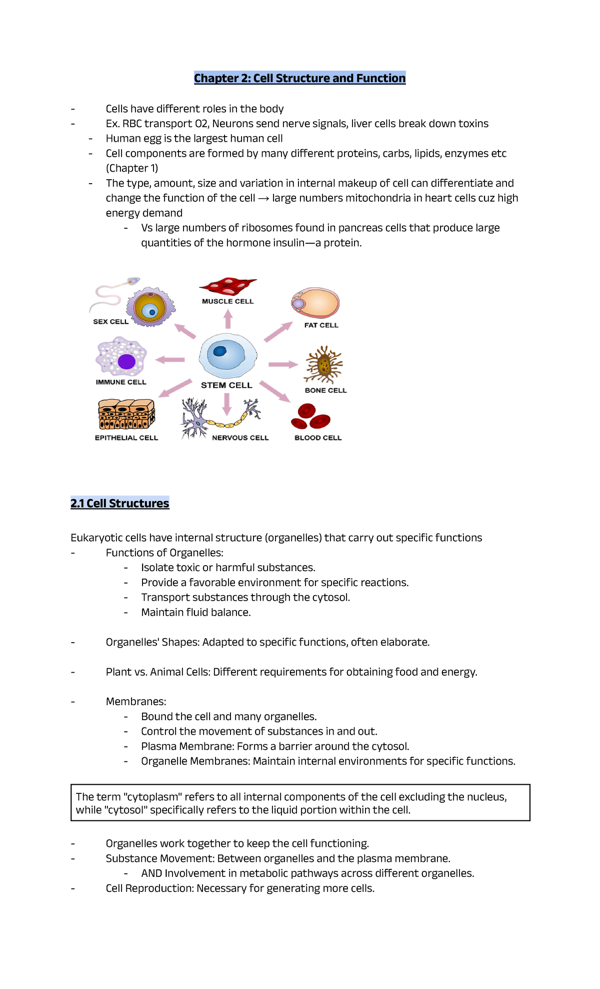Chapter 2 Cell Structure and Function: Grade 12 Review useful for Biology 1000A - Chapter 2 ...