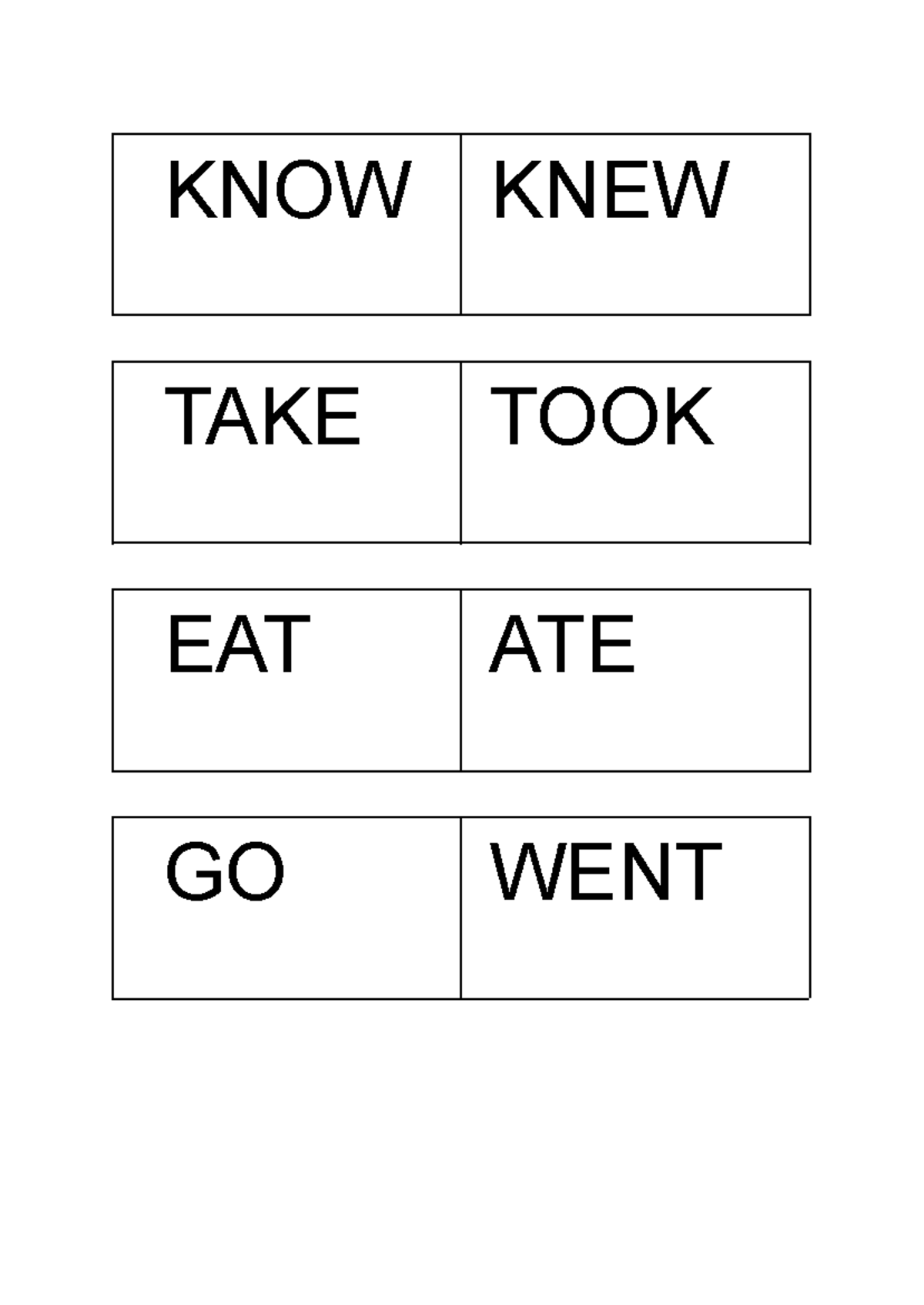 Irregular Verbs - Inglés - KNOW KNEW TAKE TOOK EAT ATE GO WENT MAKE ...