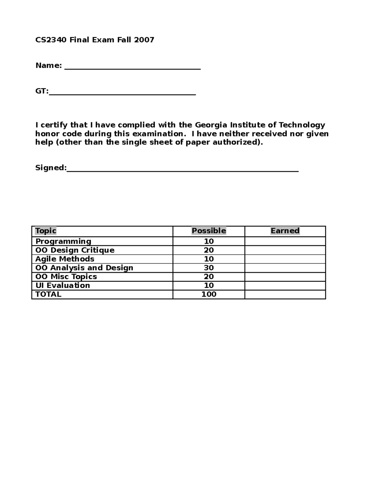 Final Fall 07 - CS2340 Final Exam Fall 2007 Name