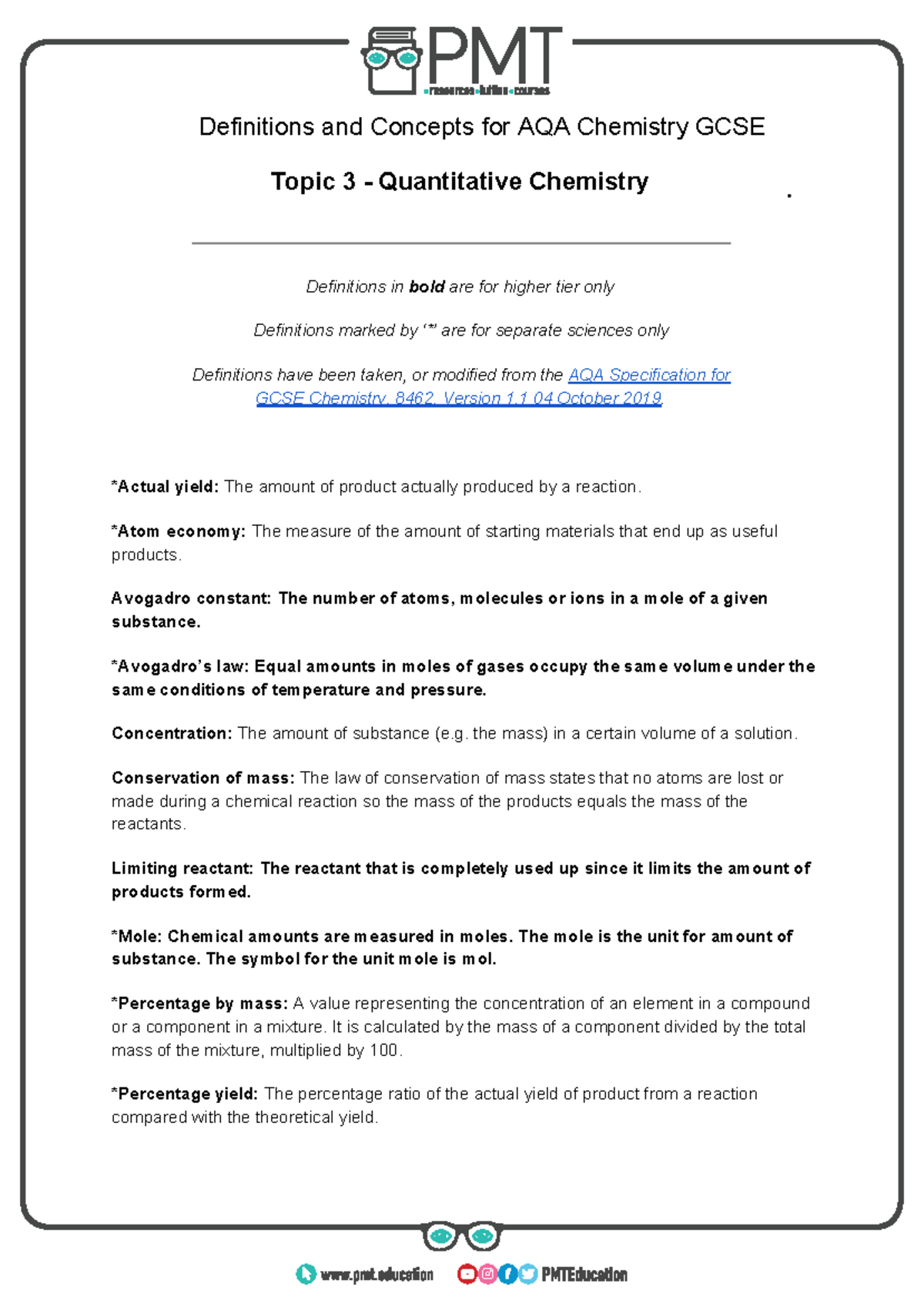 Definitions - Topic 3 Quantitative Chemistry - AQA Chemistry GCSE ...