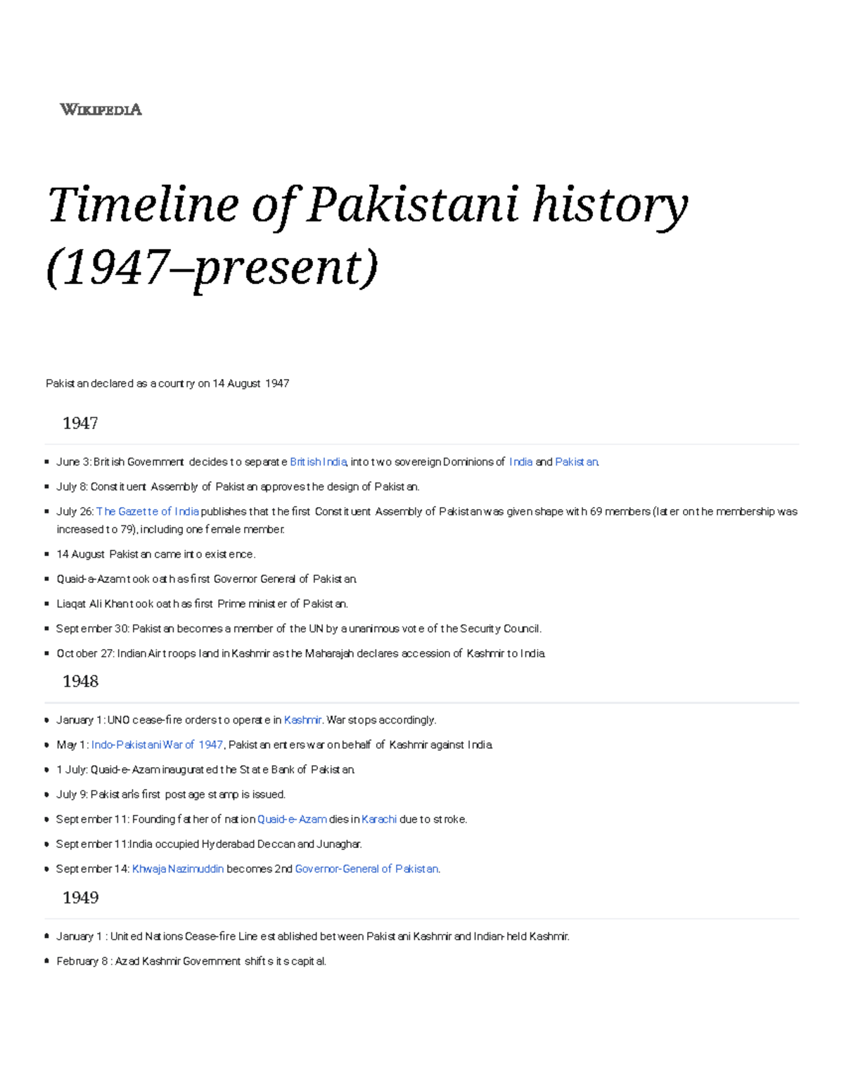 Timeline of Pakistani history (1947–present) - Wikipedia - Timeline of ...