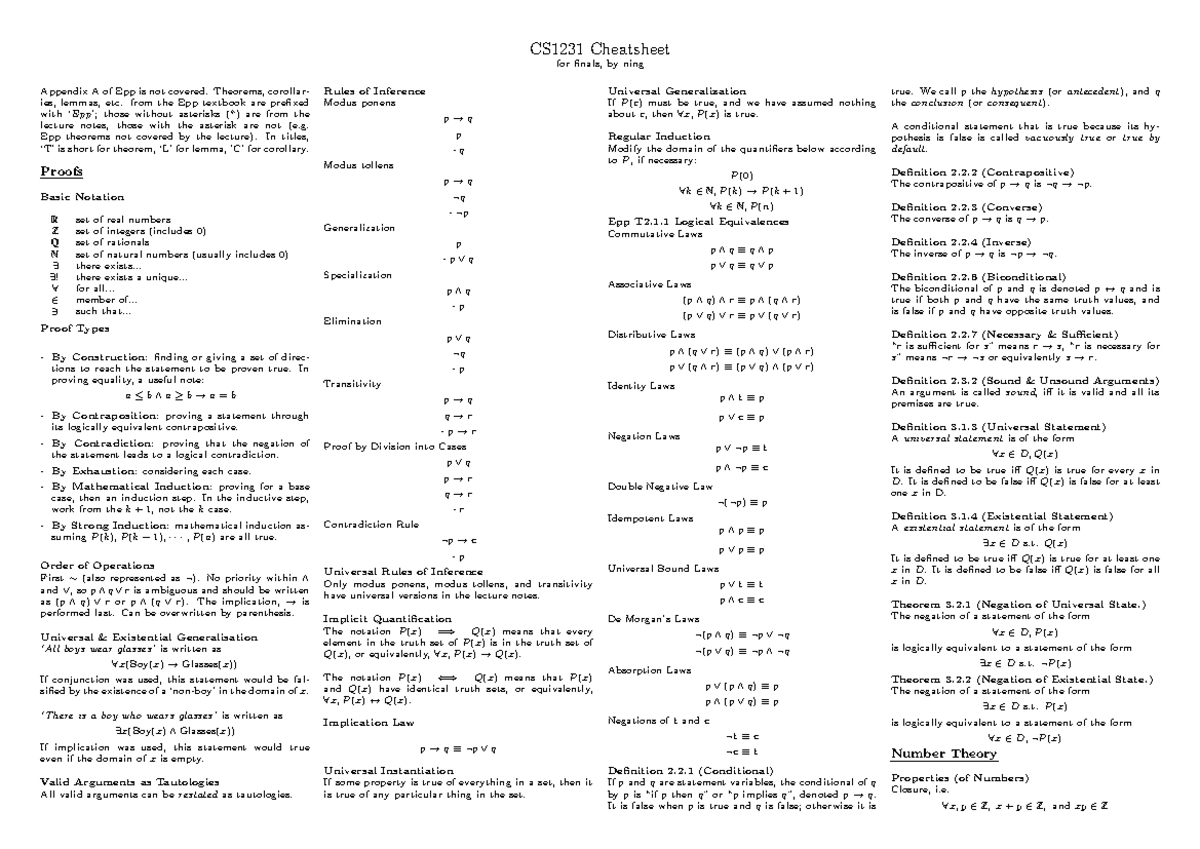 Cs1231-finals-2018 s1 - CS1231 Cheatsheet for finals, by ning Appendix A of Epp is not covered ...