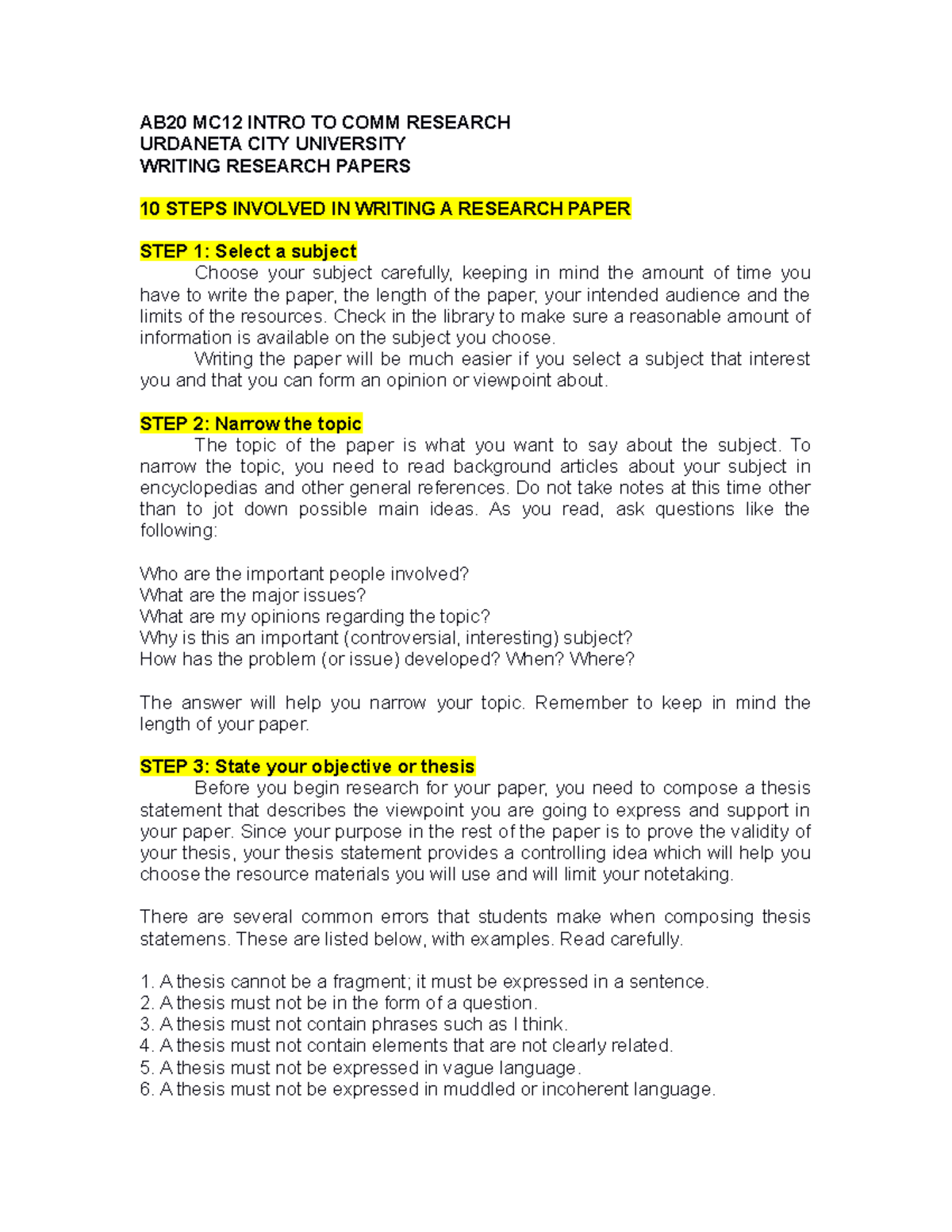 Writing Research Papers - AB20 MC12 INTRO TO COMM RESEARCH URDANETA ...