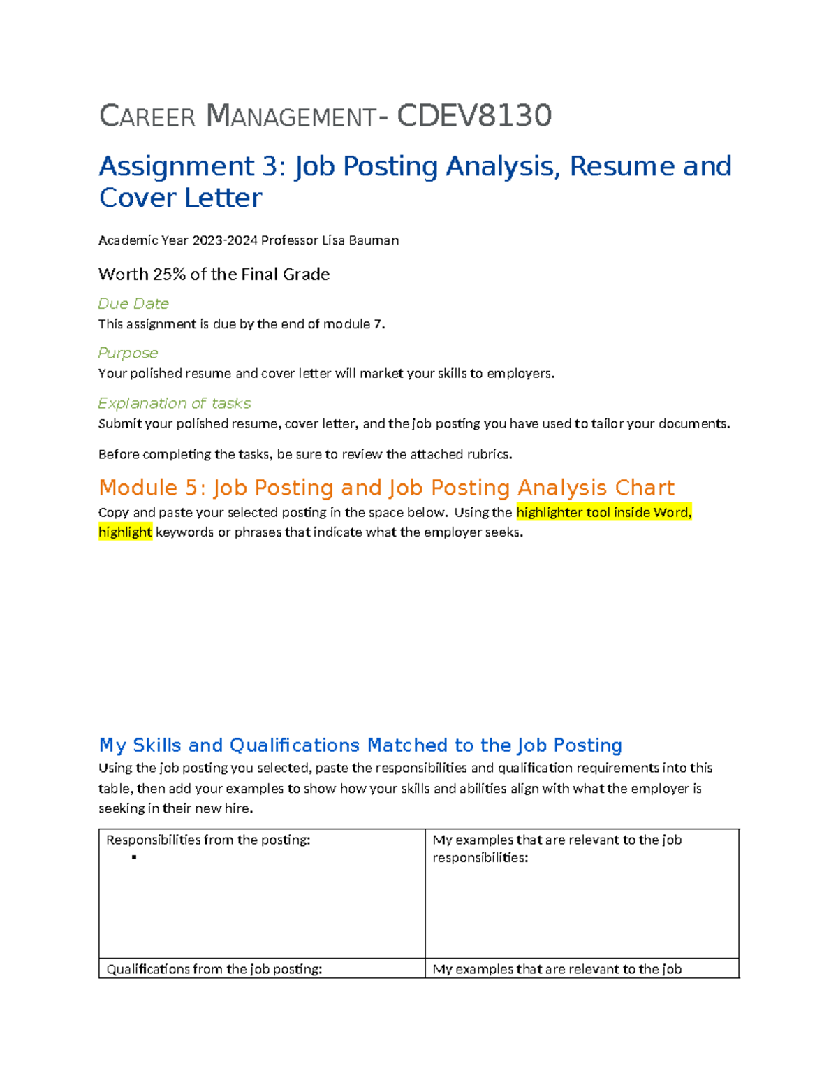CDEV8130 Career Management Assignment 2 Job Posting Analysis, Resume ...