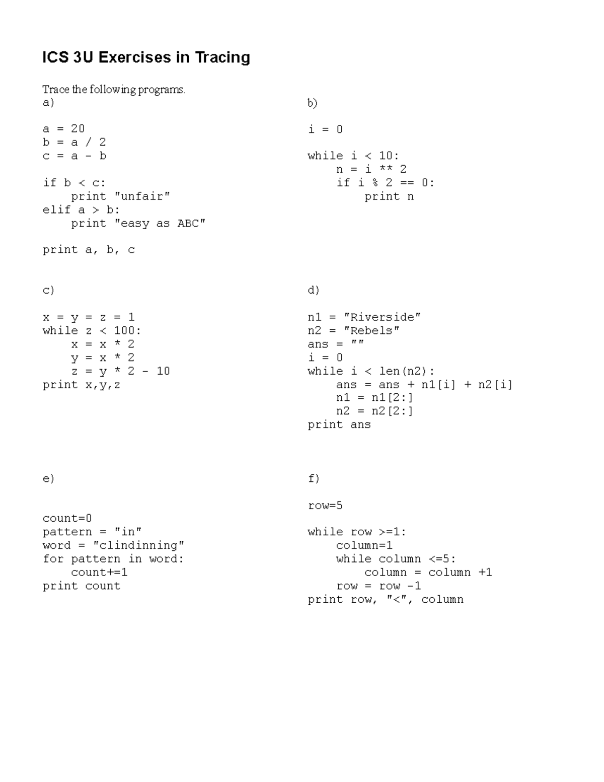 ICS 3U Tracing Exercises - ICS 3U Exercises in Tracing Trace the ...