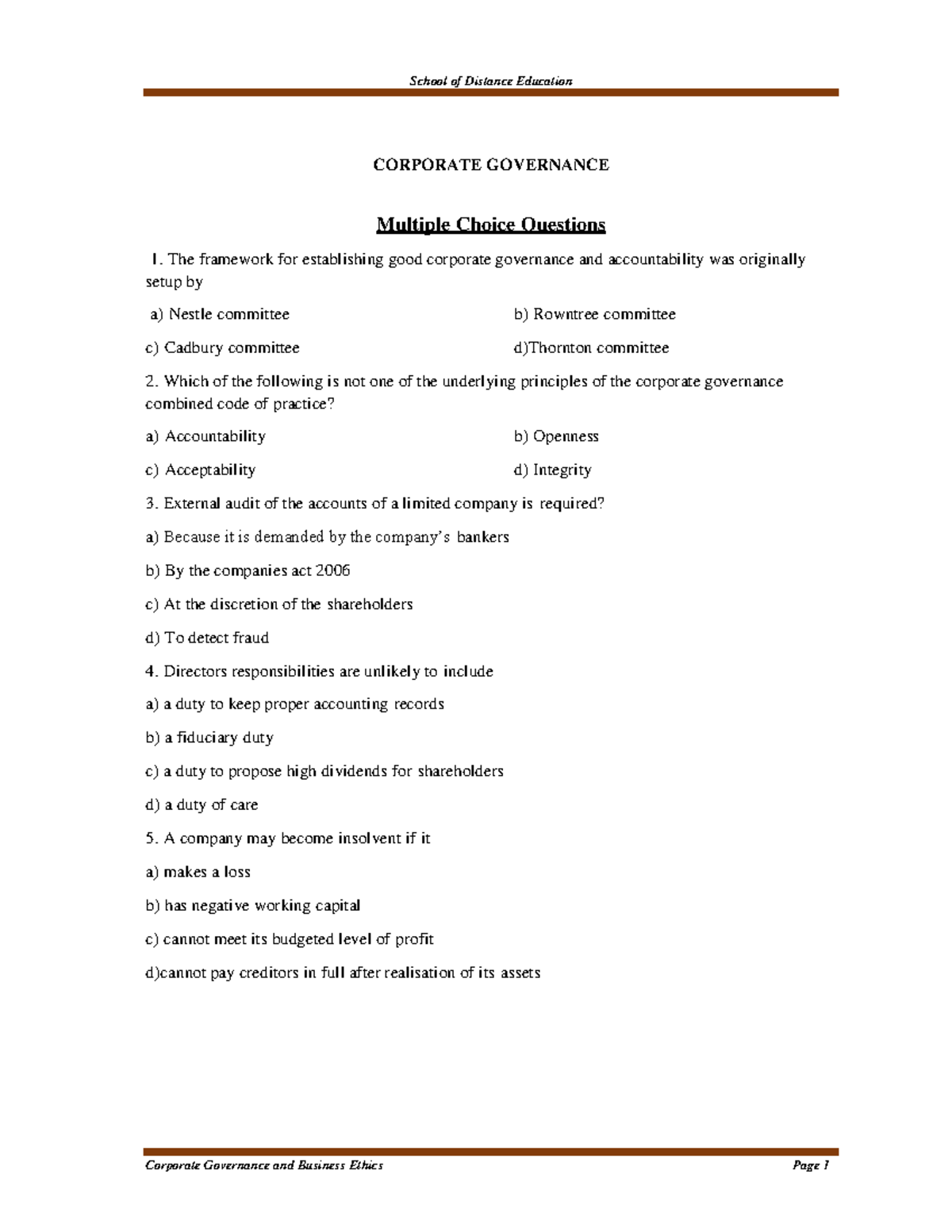 Corporate Governence mcq converted - CORPORATE GOVERNANCE Multiple ...