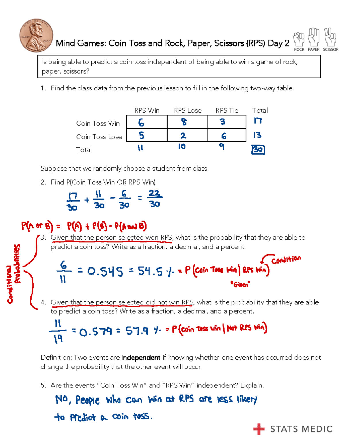 Conditional Probability and Independence Answer Key - Mind Games: Coin ...