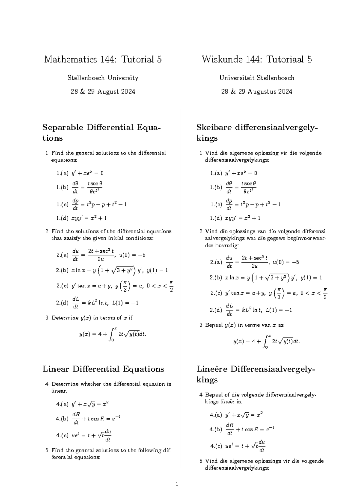 Maths 144 Tutorial 5 - tut5 - Mathematics 144: Tutorial 5 Stellenbosch University 28 & 29 August ...