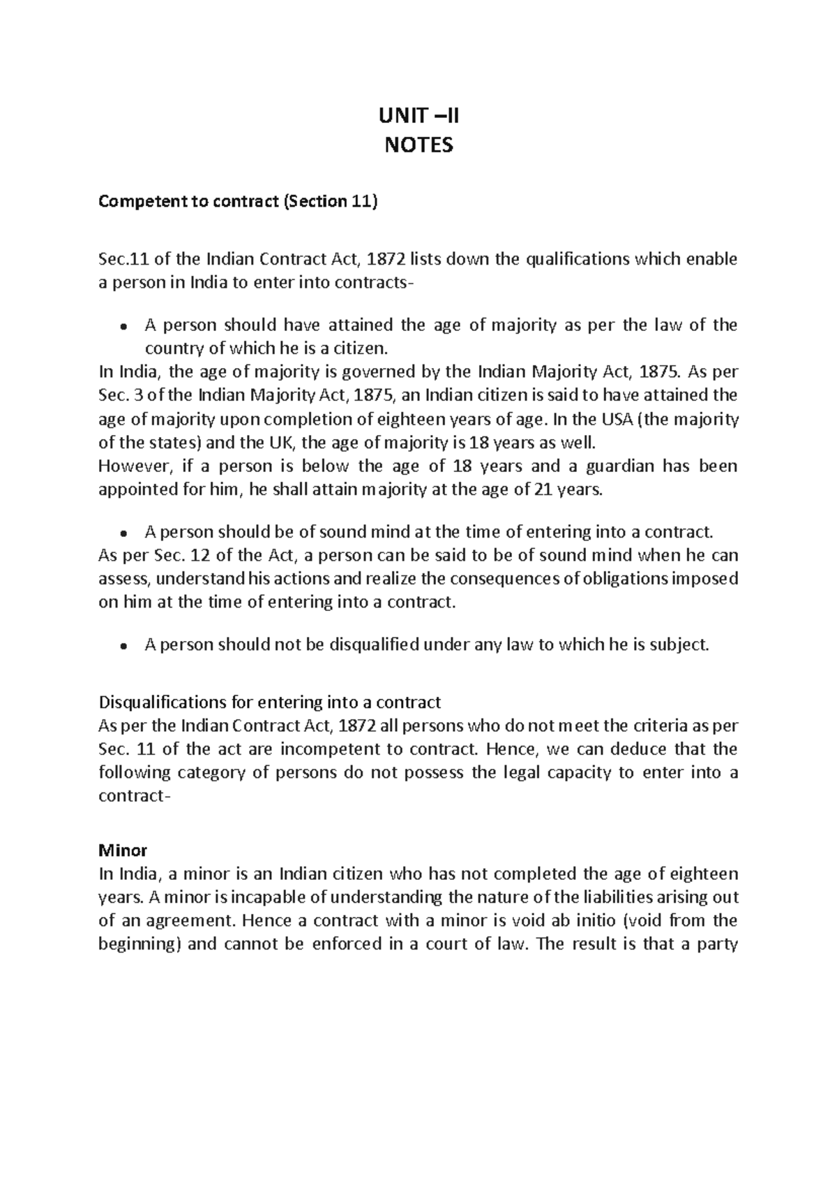 UNIT 2 FREE CONSENT - UNIT – II NOTES Competent to contract (Section 11 ...