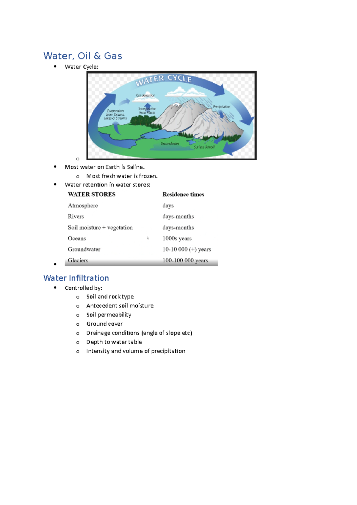 Water, Oil and Gas - Lecture notes 3 - Water, Oil & Gas Water Cycle: o ...