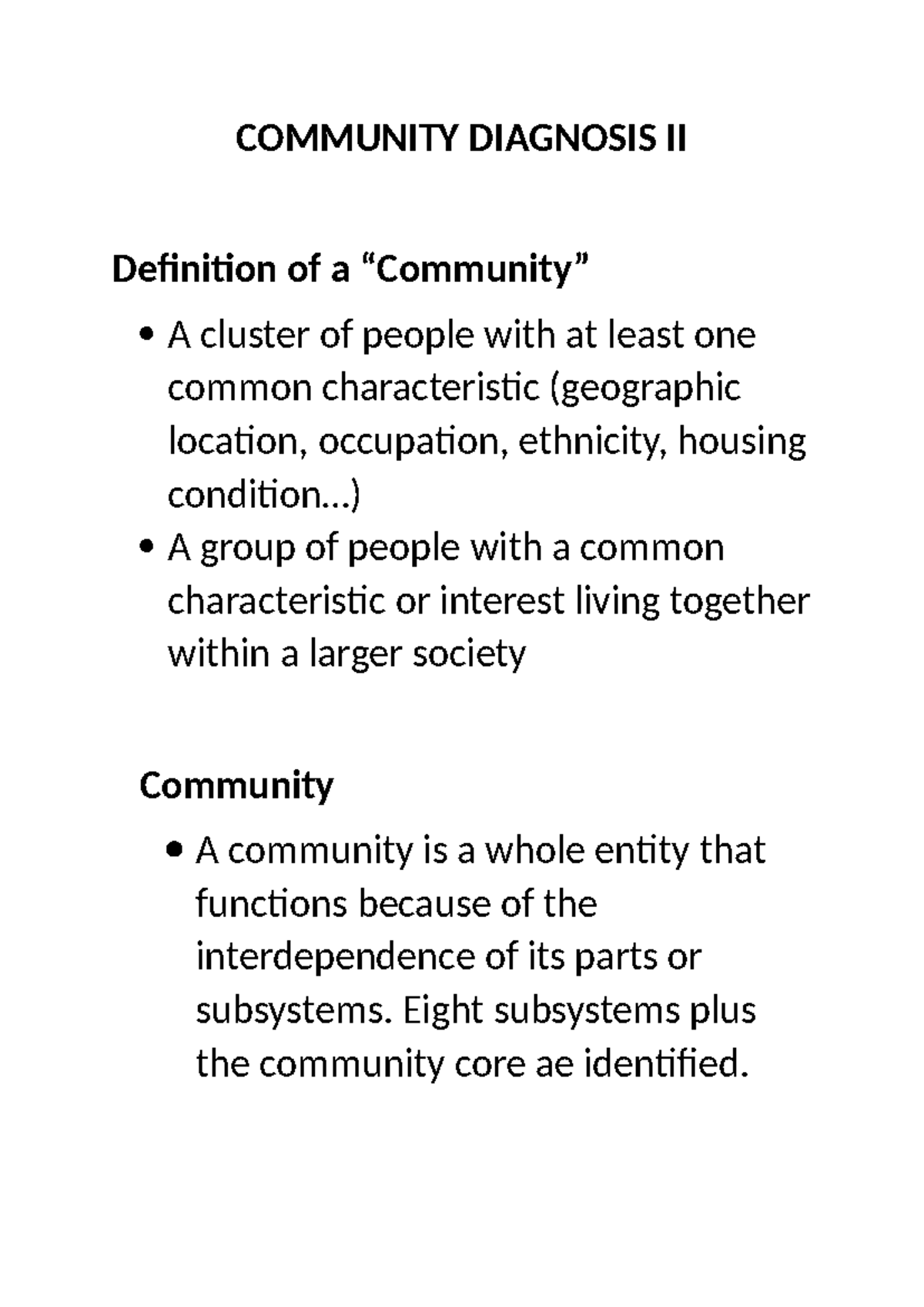 Community Diagnosis II - COMMUNITY DIAGNOSIS II Definition of a ...