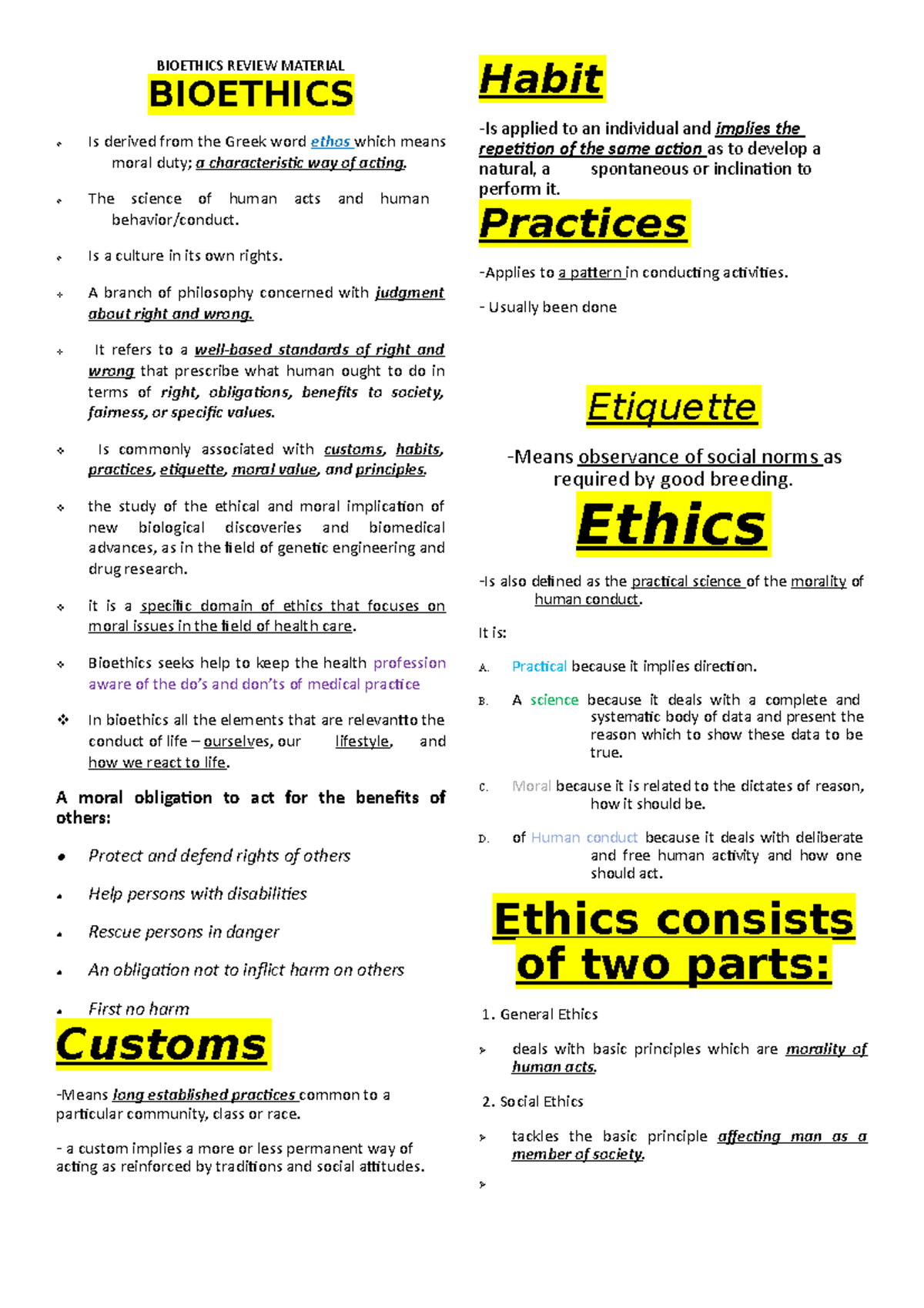 Bioethics Review Material - BIOETHICS REVIEW MATERIAL BIOETHICS Is ...