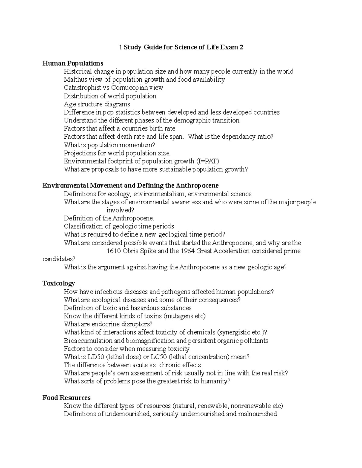 Study Guide Exam 2-2023 - 1 Study Guide for Science of Life Exam 2 ...