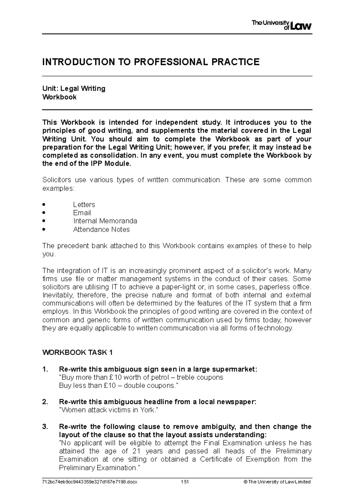 2223 ipp ws writing ce01 workbook - INTRODUCTION TO PROFESSIONAL PRACTICE Unit: Legal Writing ...