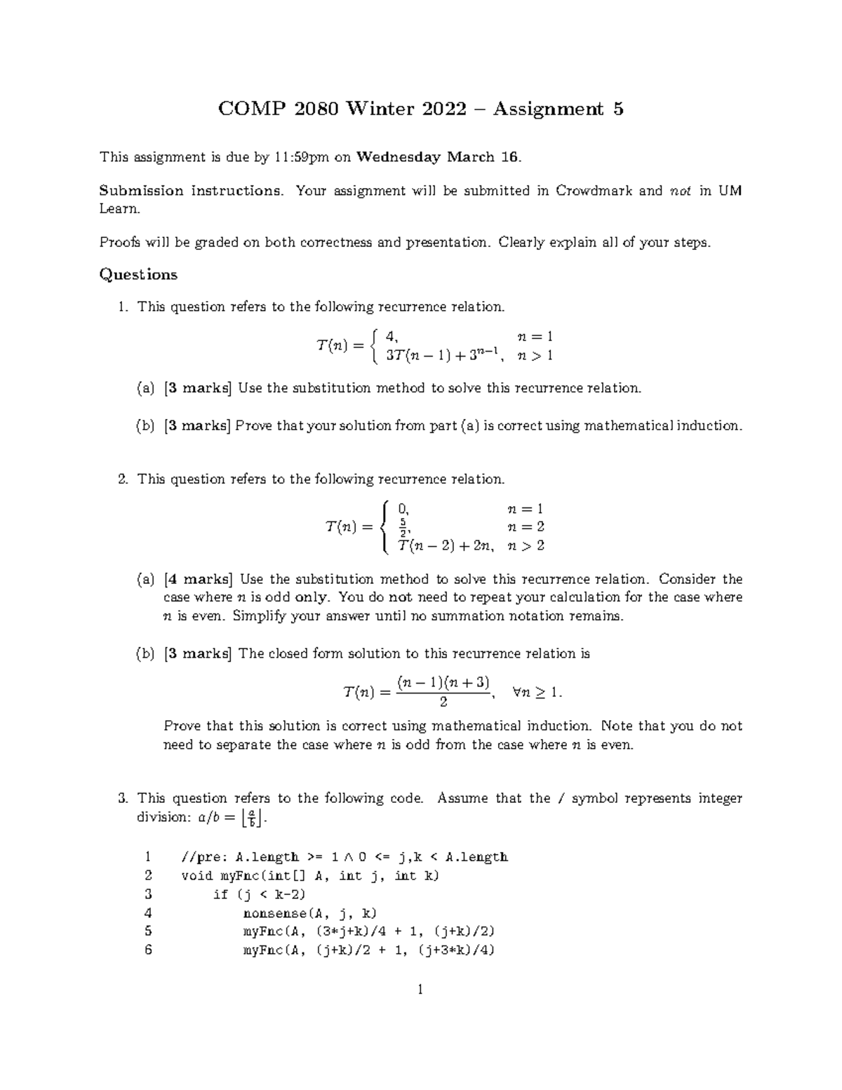 Assignment Five #5 - Winter 2022 term - COMP 2080 Winter 2022 – Assignment 5 This assignment is ...
