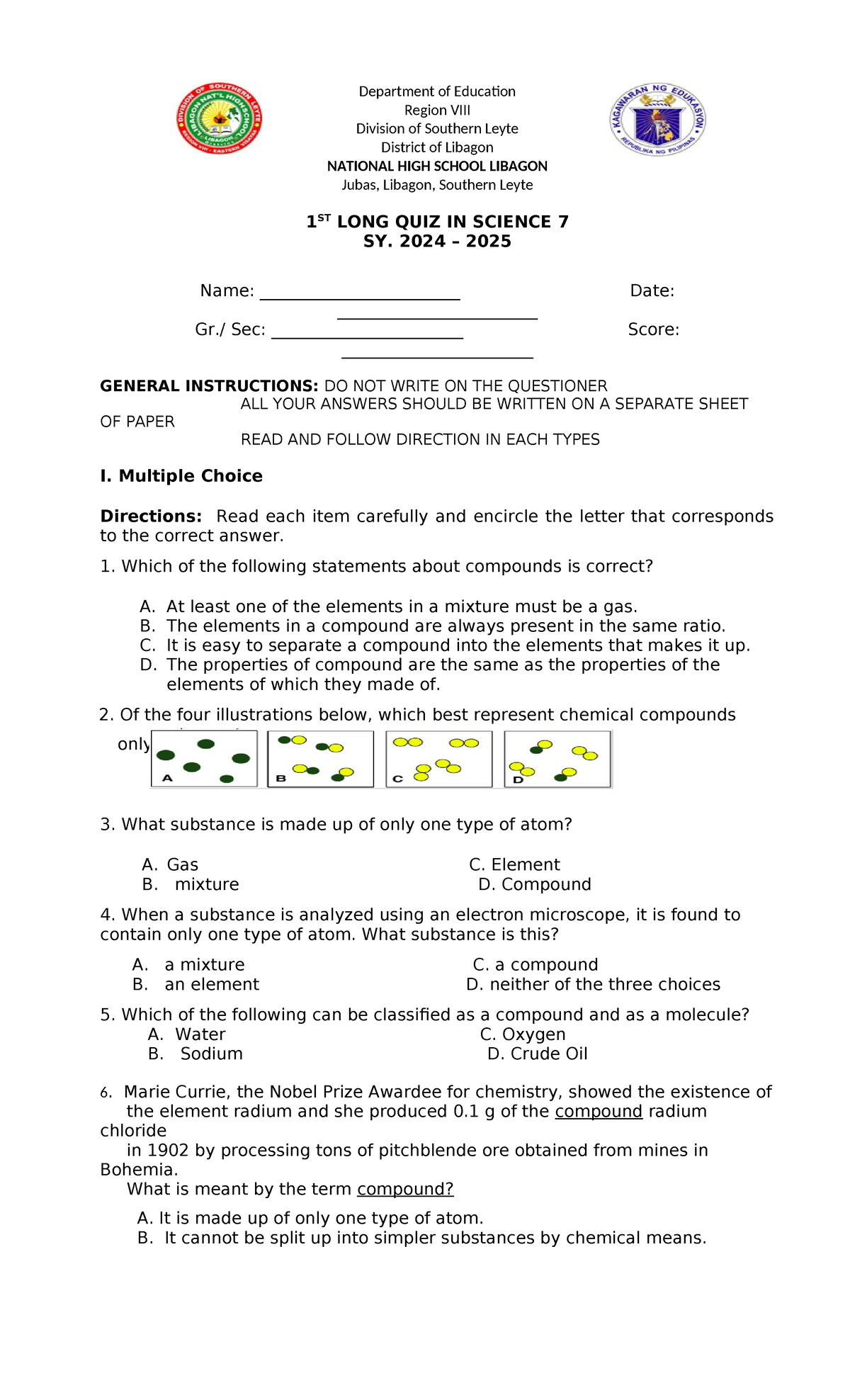 3RD LONG QUIZ - test paper - Department of Education Region VIII ...