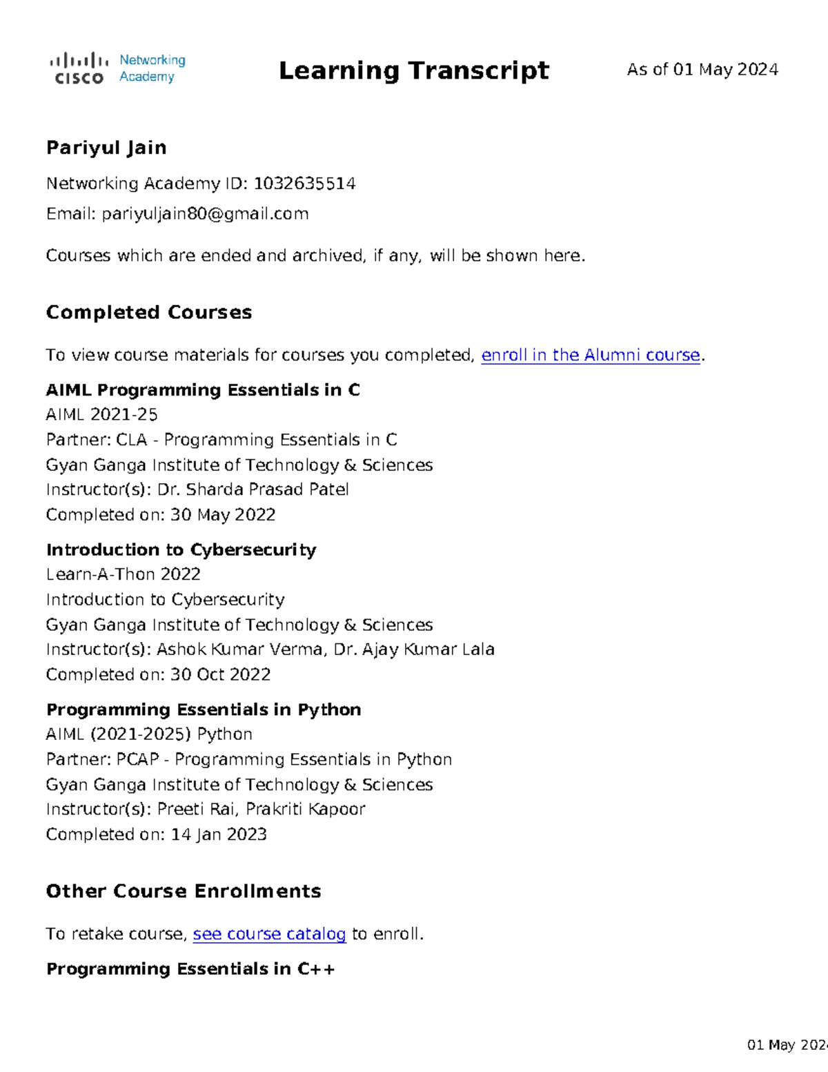 Net Acad Learning Transcript - Learning Transcript As of 01 May 2024 Pariyul Jain Networking ...