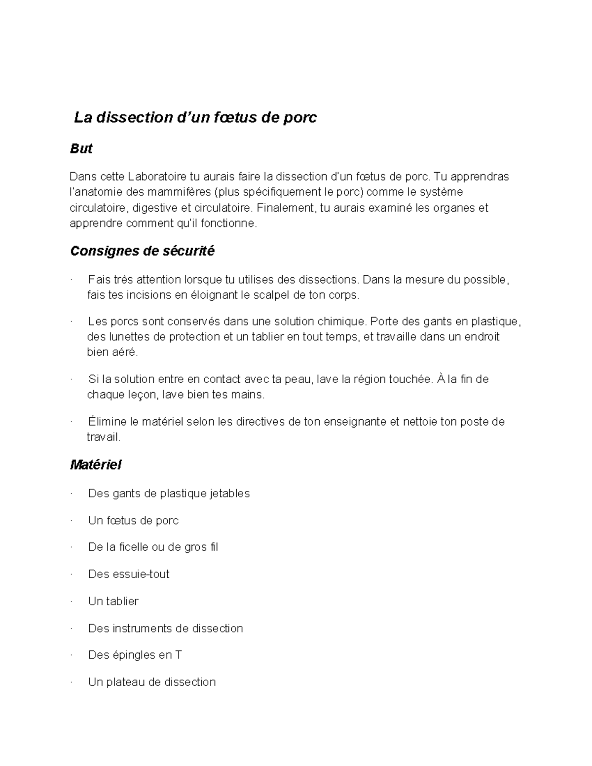Bio-Dissection de porc - La dissection d’un fœtus de porc But Dans ...