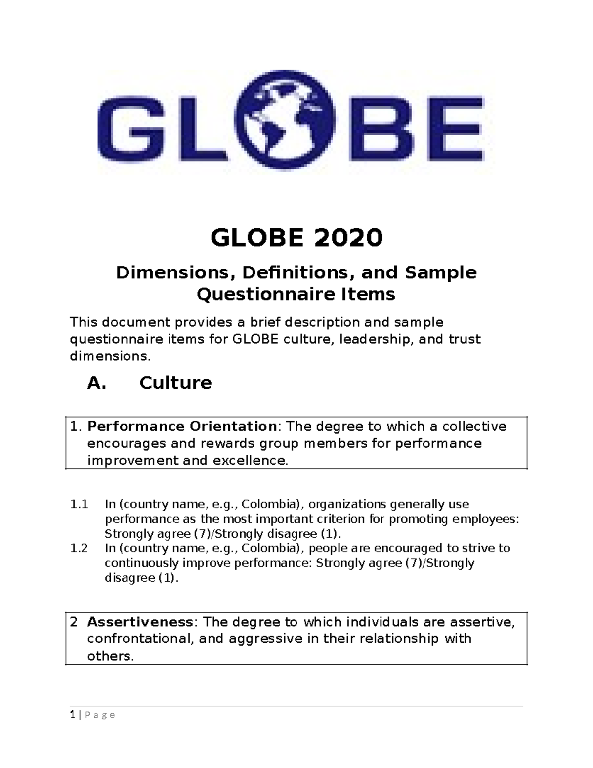 Globe Dimensions Definitions and Sample Scale Items 8 23 19 - GLOBE ...