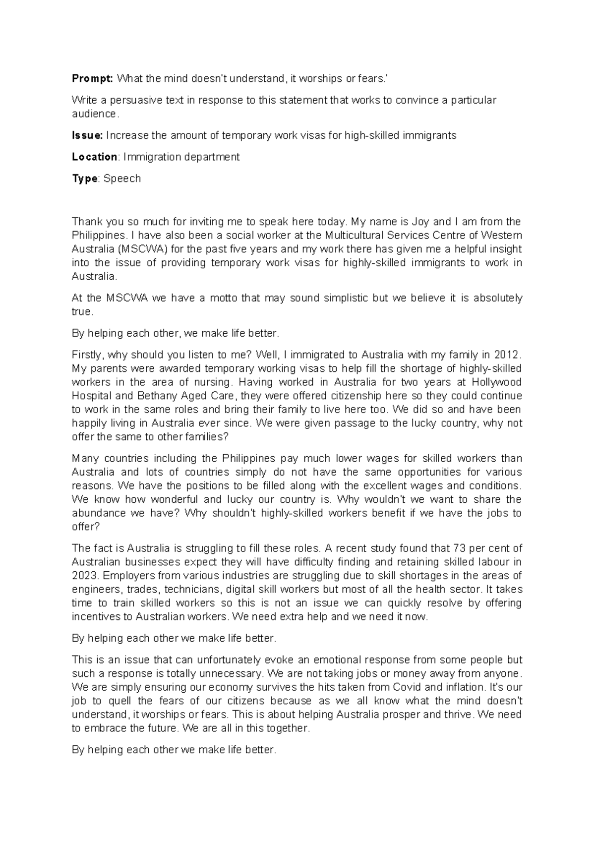 Persuasive+speech+example - Prompt: What the mind doesn’t understand ...