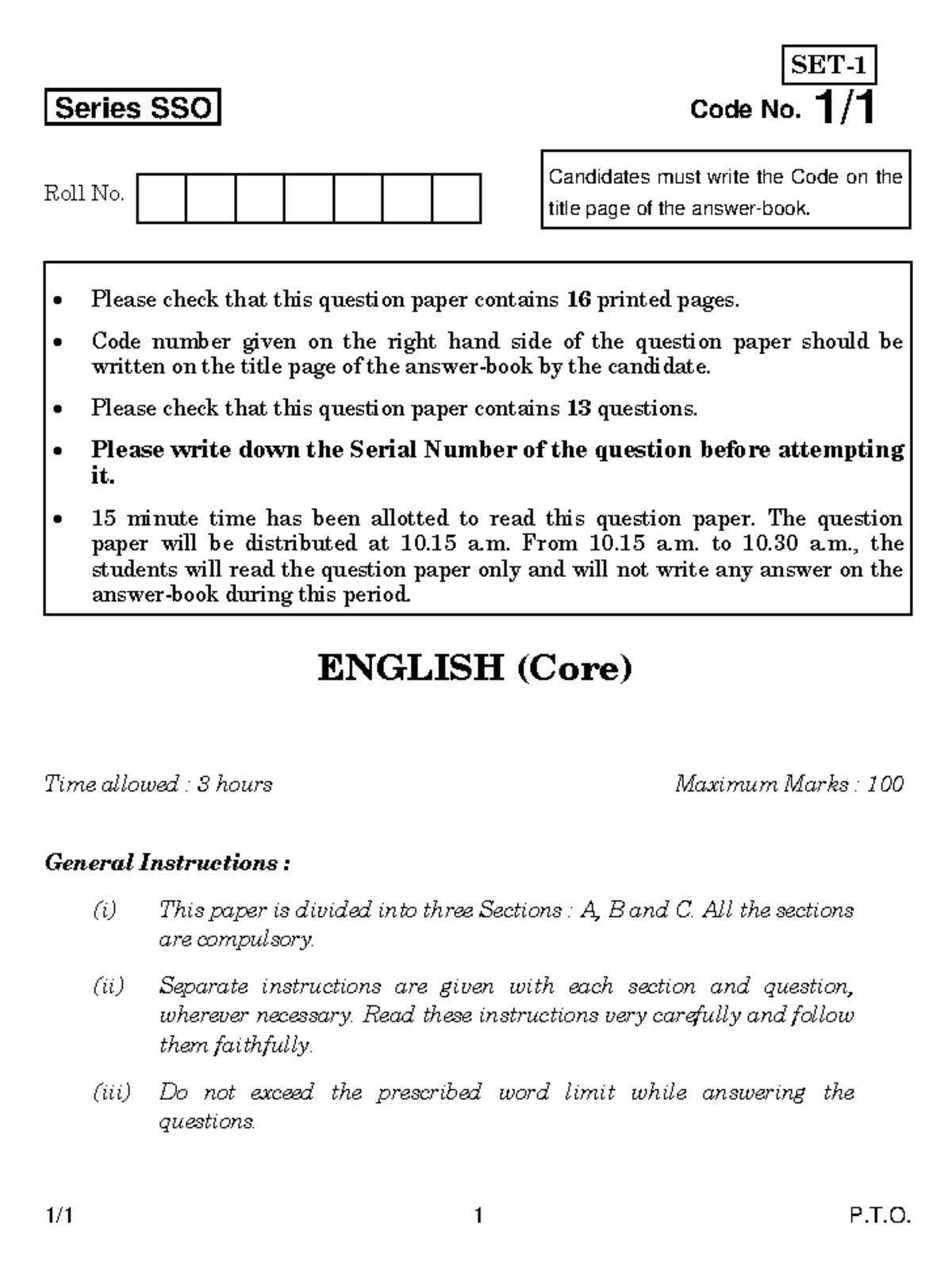 1-1 English CORE - 1/1 1 P.T. Candidates must write the Code on the ...