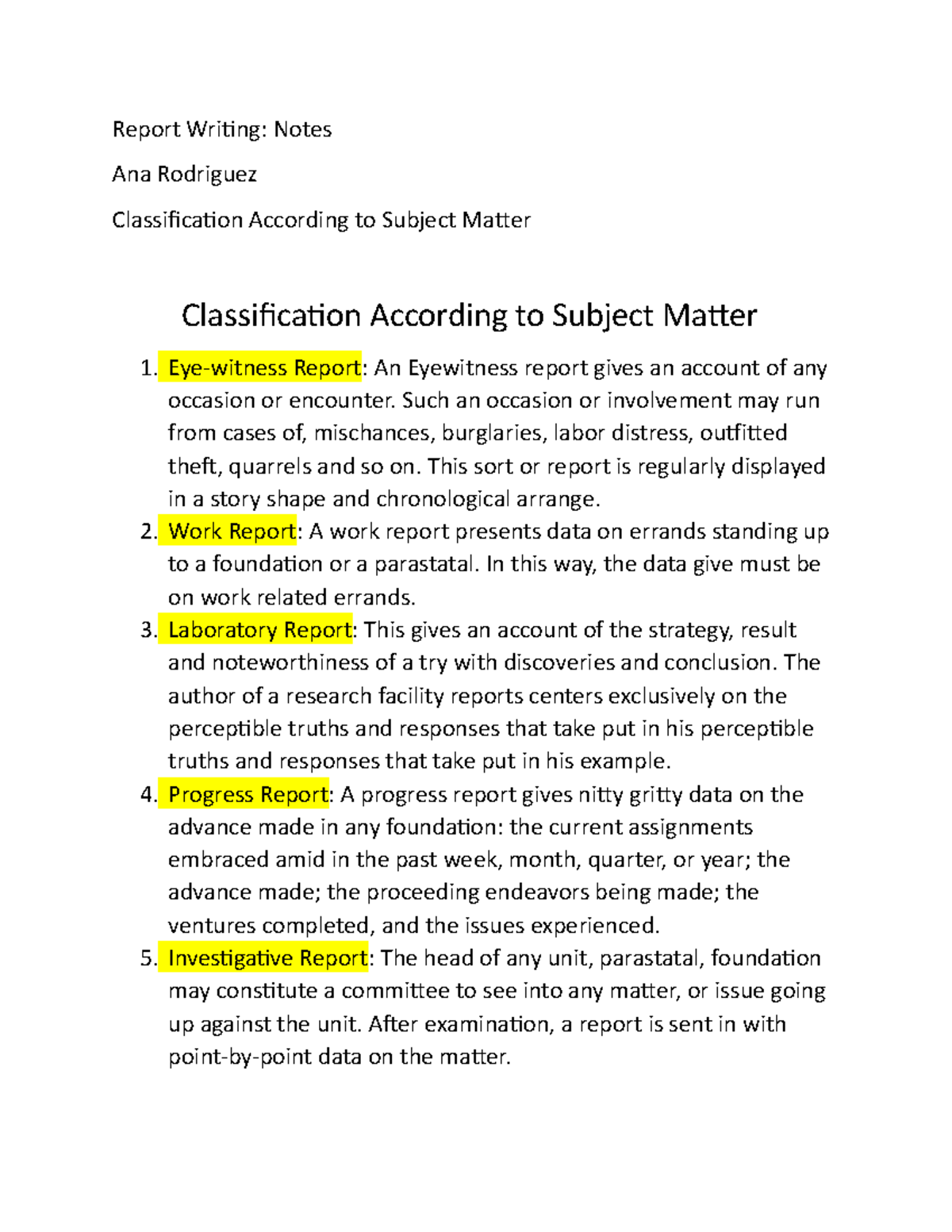 Classification According to Subject Matter - Report Writing: Notes Ana ...