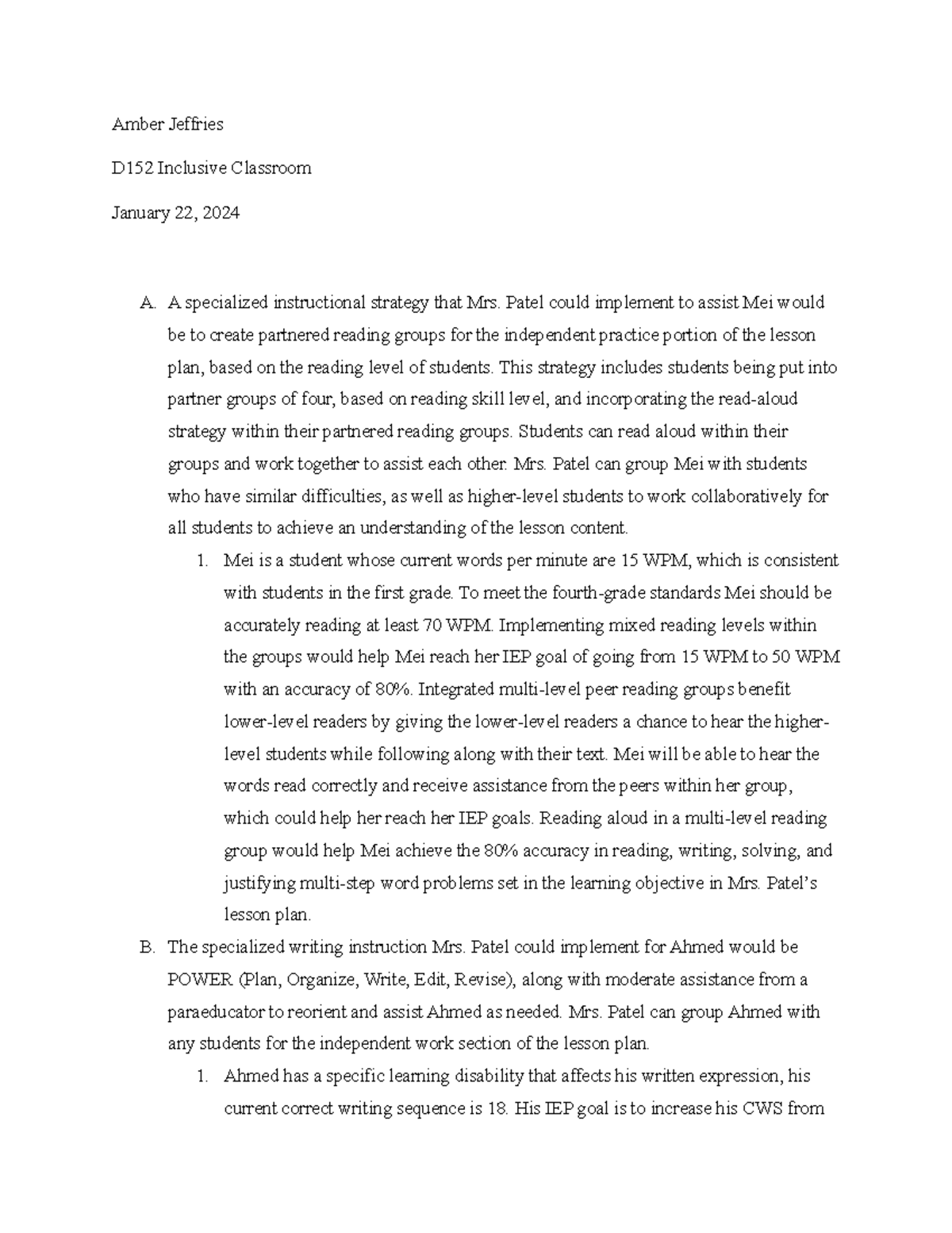 D152 Task 1 - Passed - Amber Jeffries D152 Inclusive Classroom January ...