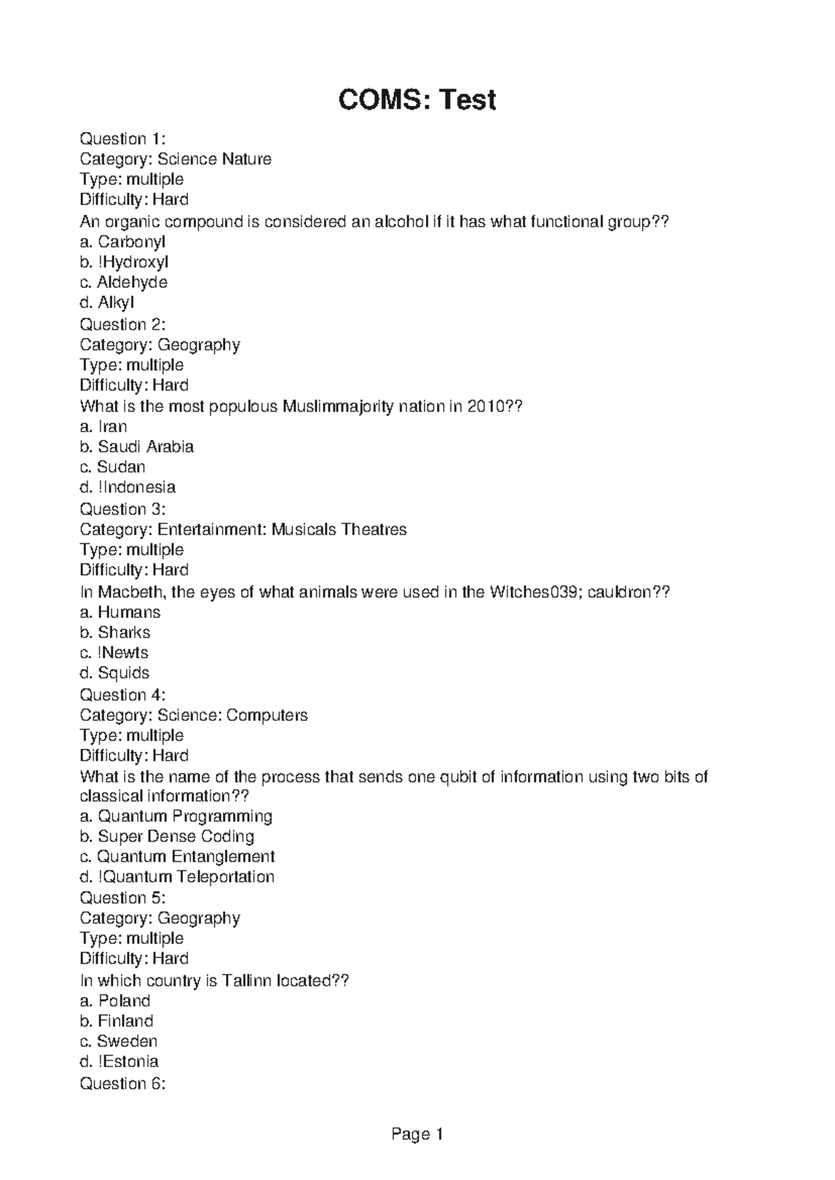 COMS154-Handout-8 - COMS154 - COMS: Test Question 1: Category: Science ...