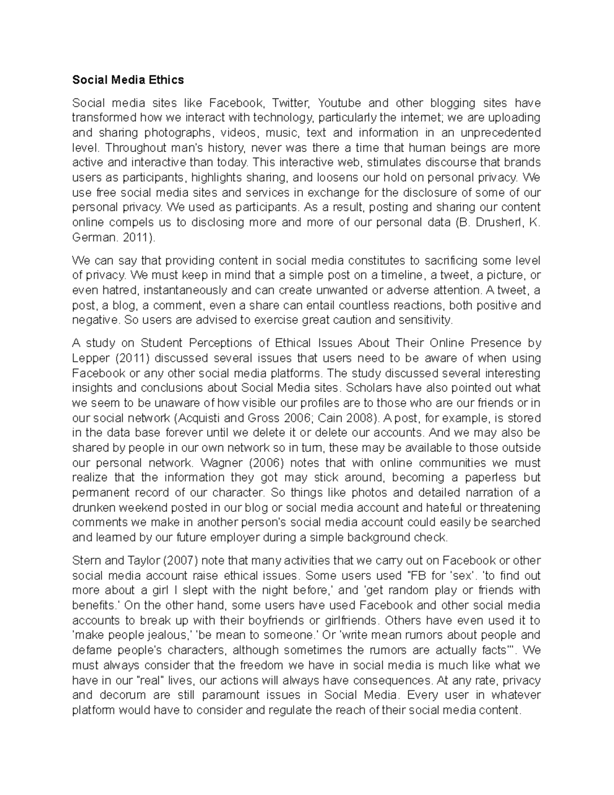 Social Media Ethics - Social Media Ethics Social media sites like ...