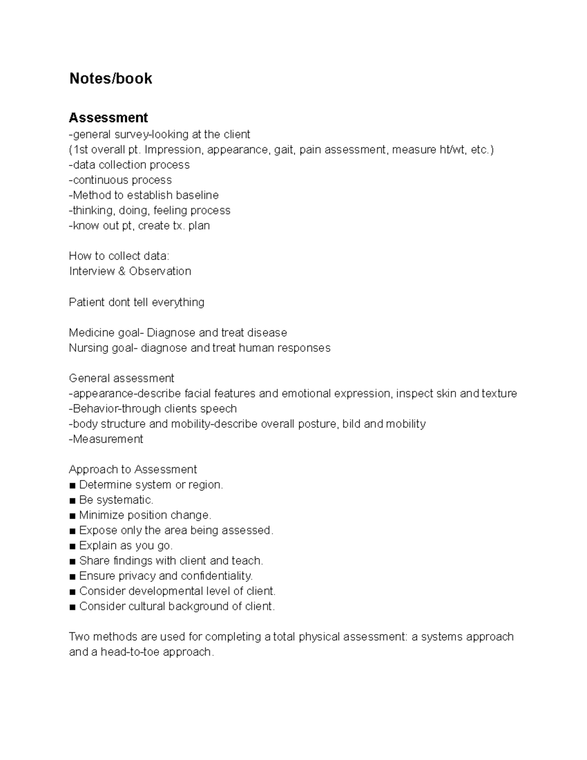 Health assessment notes - Notes/book Assessment -general survey-looking ...