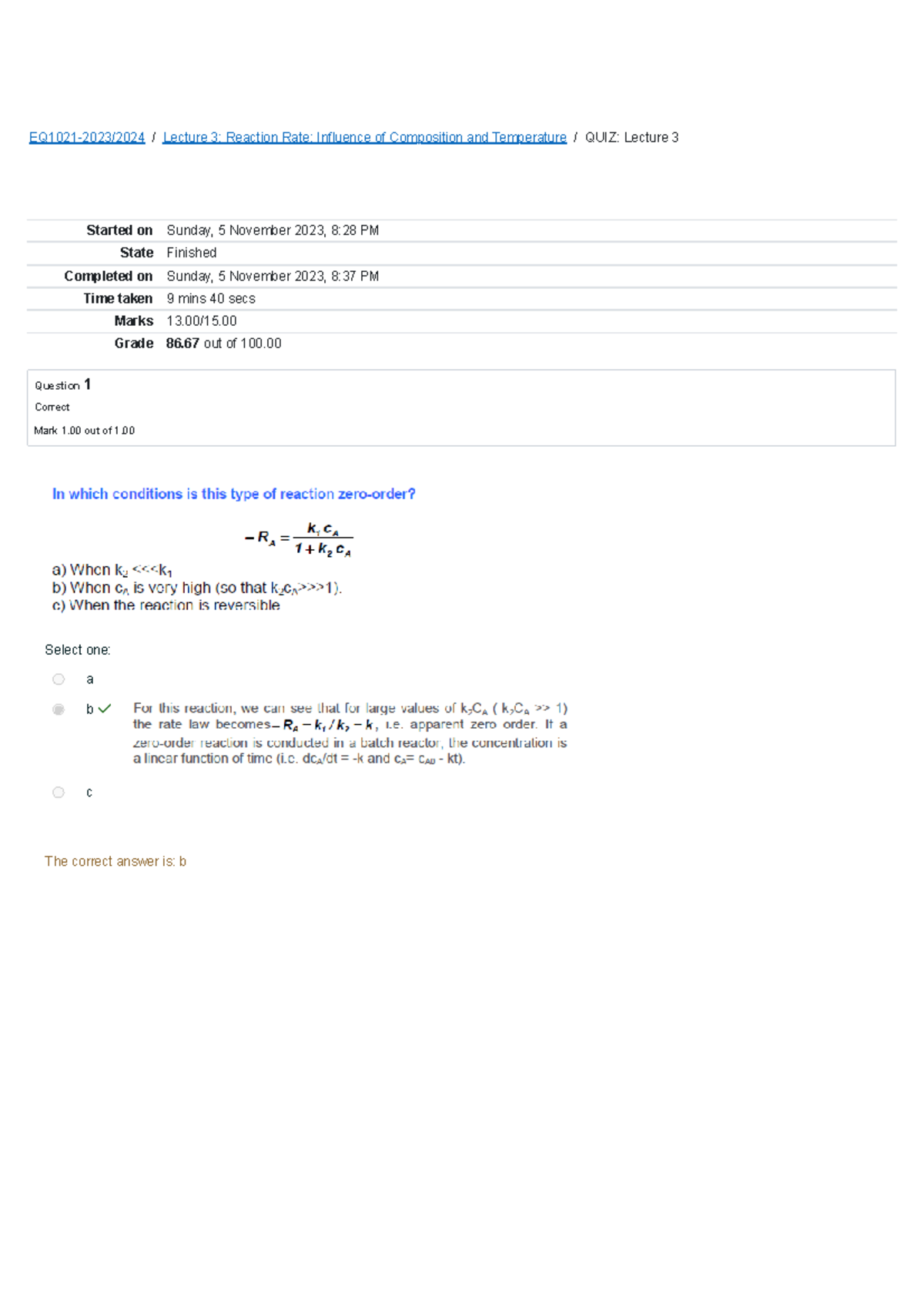 QUIZ Lecture 3 Attempt review Aula Virtual 3 - EQ1021-2023/2024 / Lecture 3: Reaction Rate ...