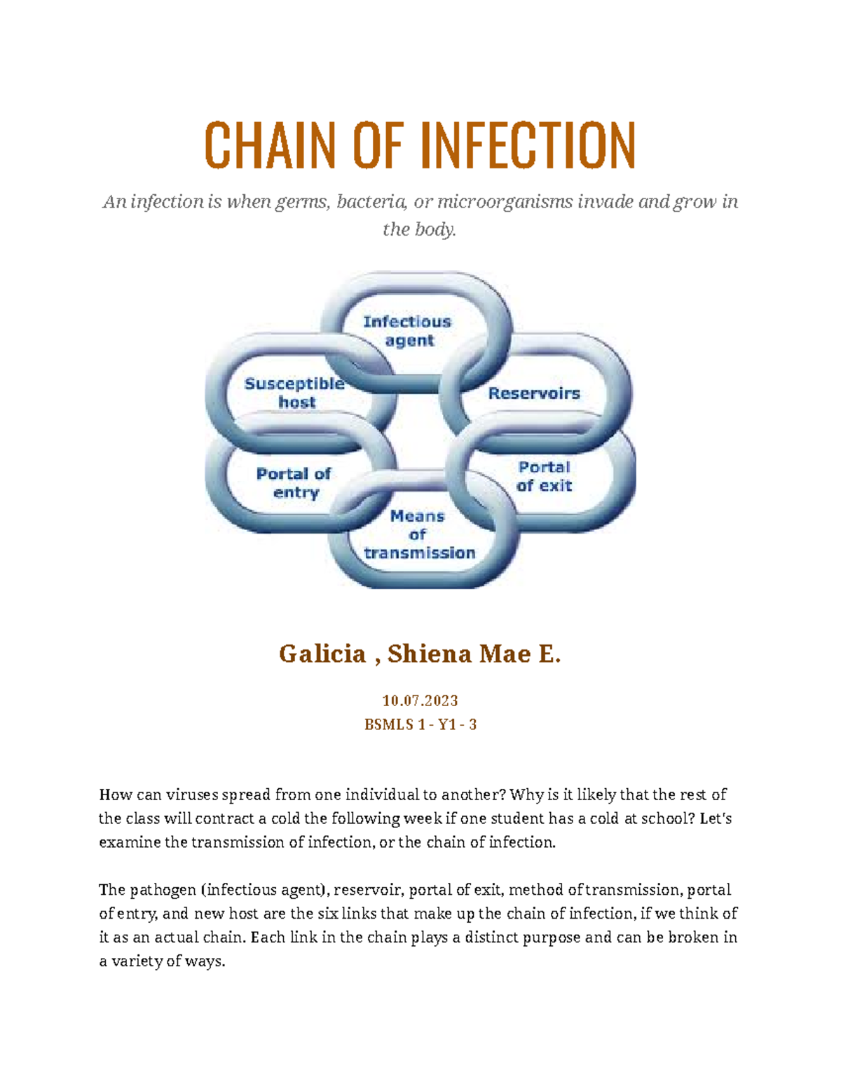 (WEEK 7:ASS MLSP) - CHAIN OF INFECTION An infection is when germs ...