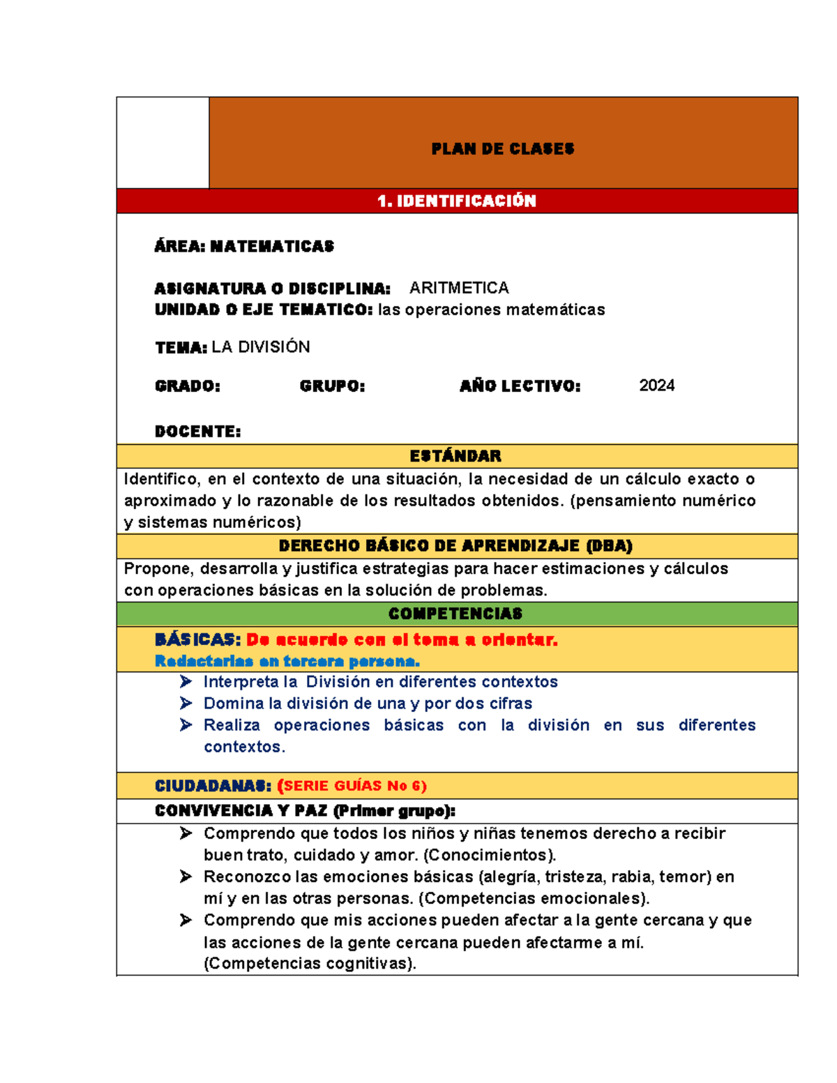 PLAN DE Clase LA Division - PLAN DE CLASES 1. IDENTIFICACIÓN ÁREA ...