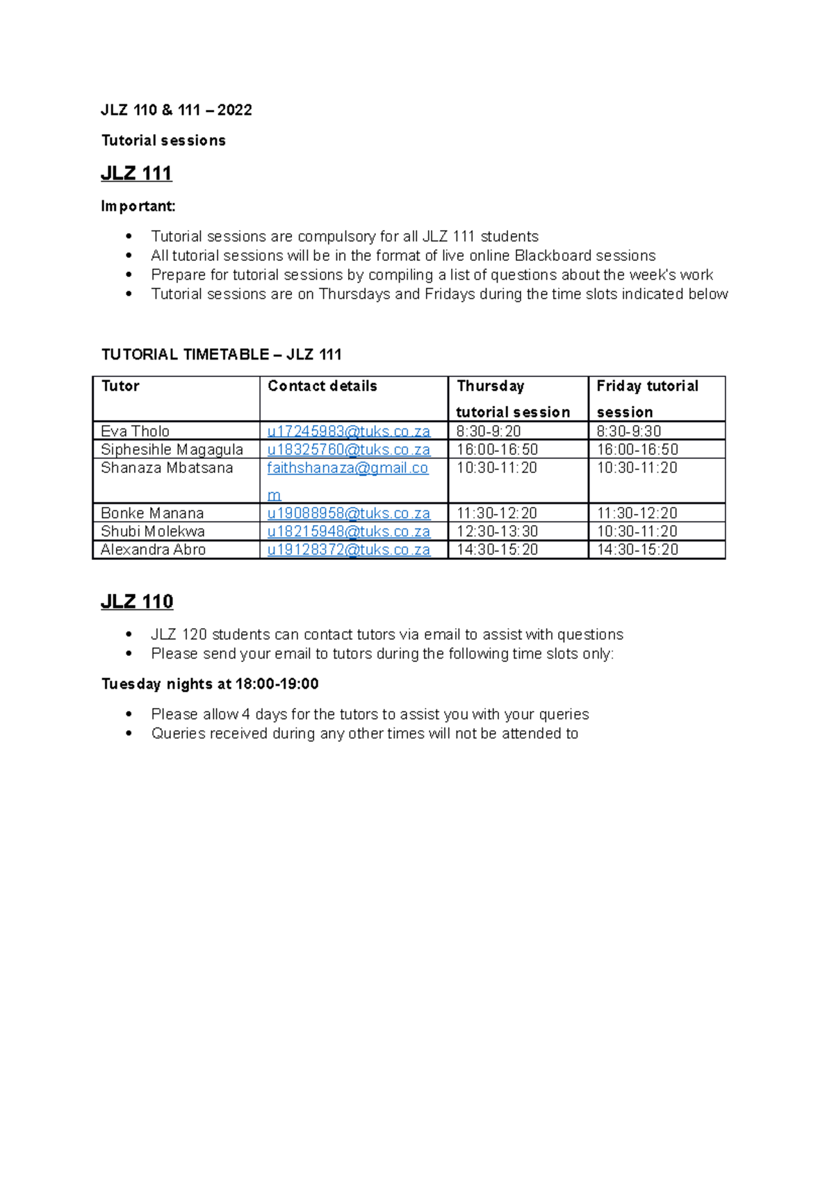 JLZ Tutorial sessions-2022 - JLZ 110 & 111 – 2022 Tutorial sessions JLZ ...