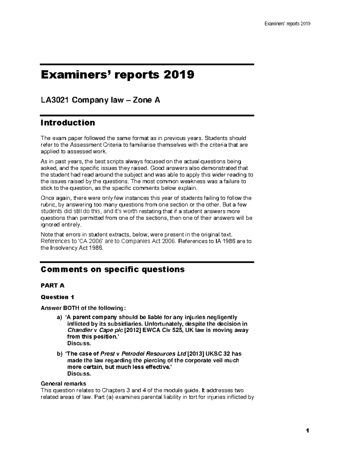 Company Law LA3021 Exam Paper Report 2019 ZA Examiners Reports 2019 company-law-la3021-exam-paper-report-2019-za-examiners-reports-2019