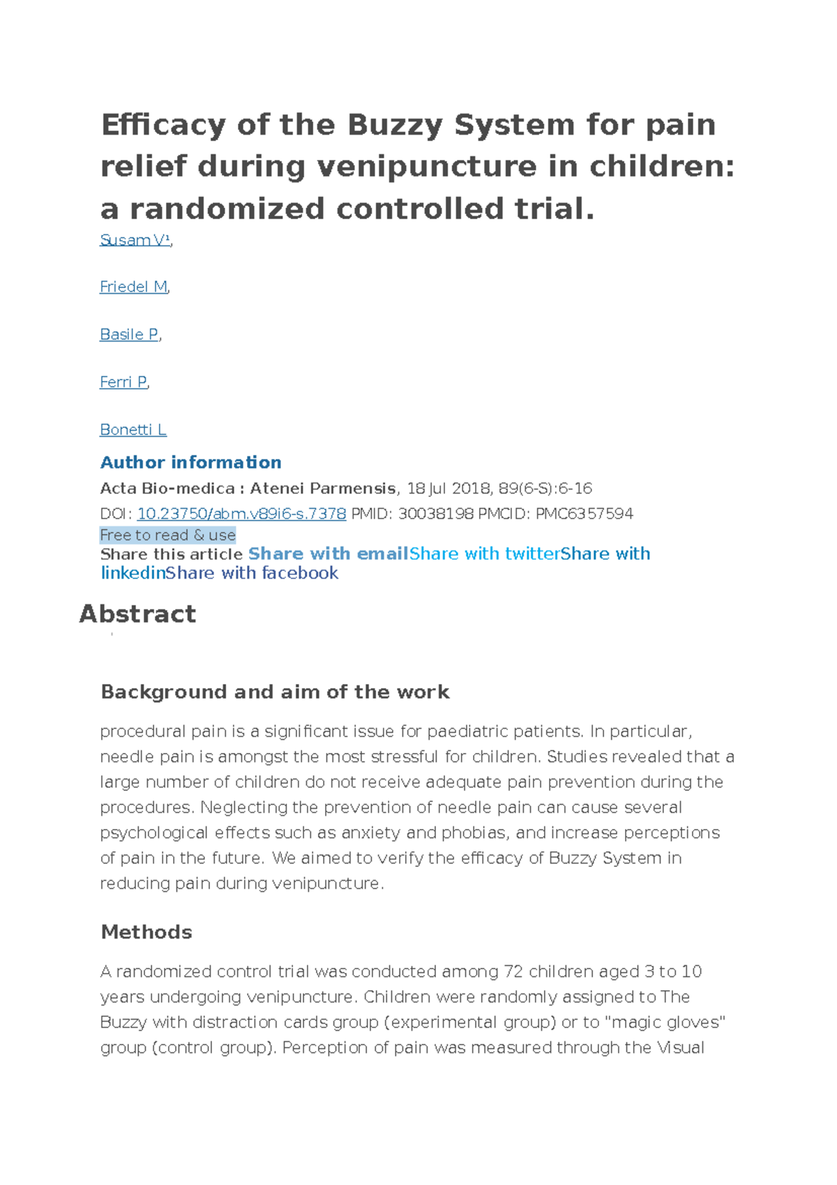 Wetenschappelijk artikel - Efficacy of the Buzzy System for pain relief ...
