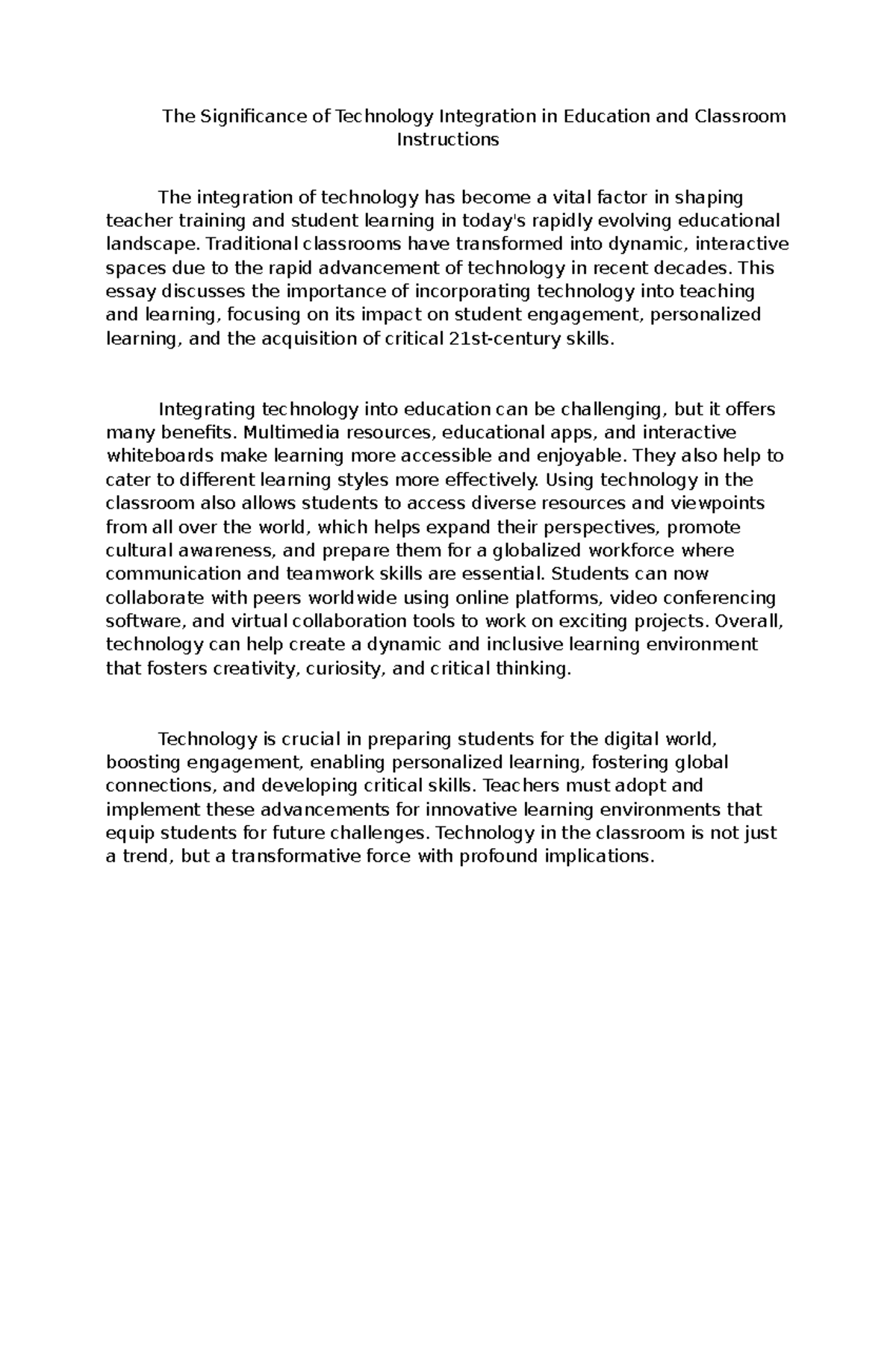 The Significance of Technology Integration in Education and Classroom Instructions - The - Studocu