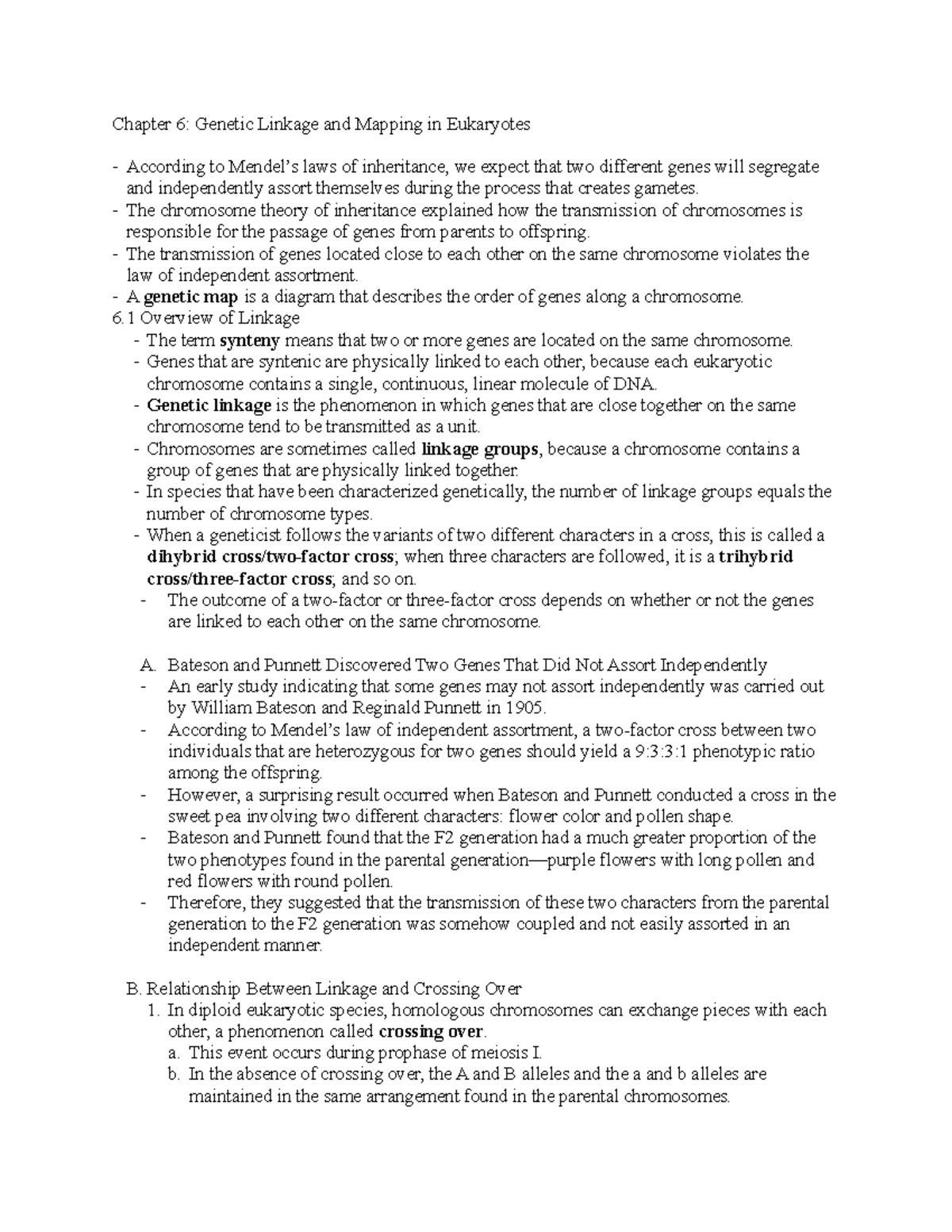 Chapter 6 - Summary Molecular Genetics - Chapter 6: Genetic Linkage and ...
