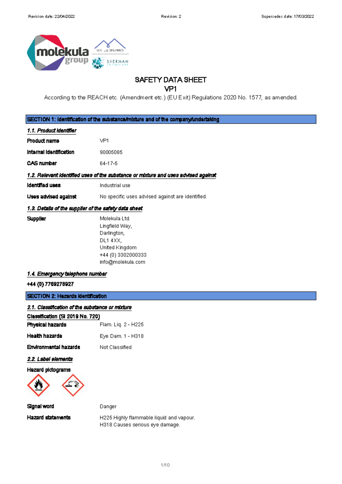 Safety Data Sheet VP1 Reagent - SAFETY DATA SHEET VP According to the ...