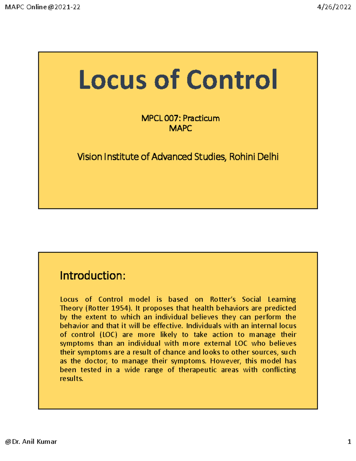 LOC - MPCL 007: Practicum MAPC Locus of Control Vision Institute of ...