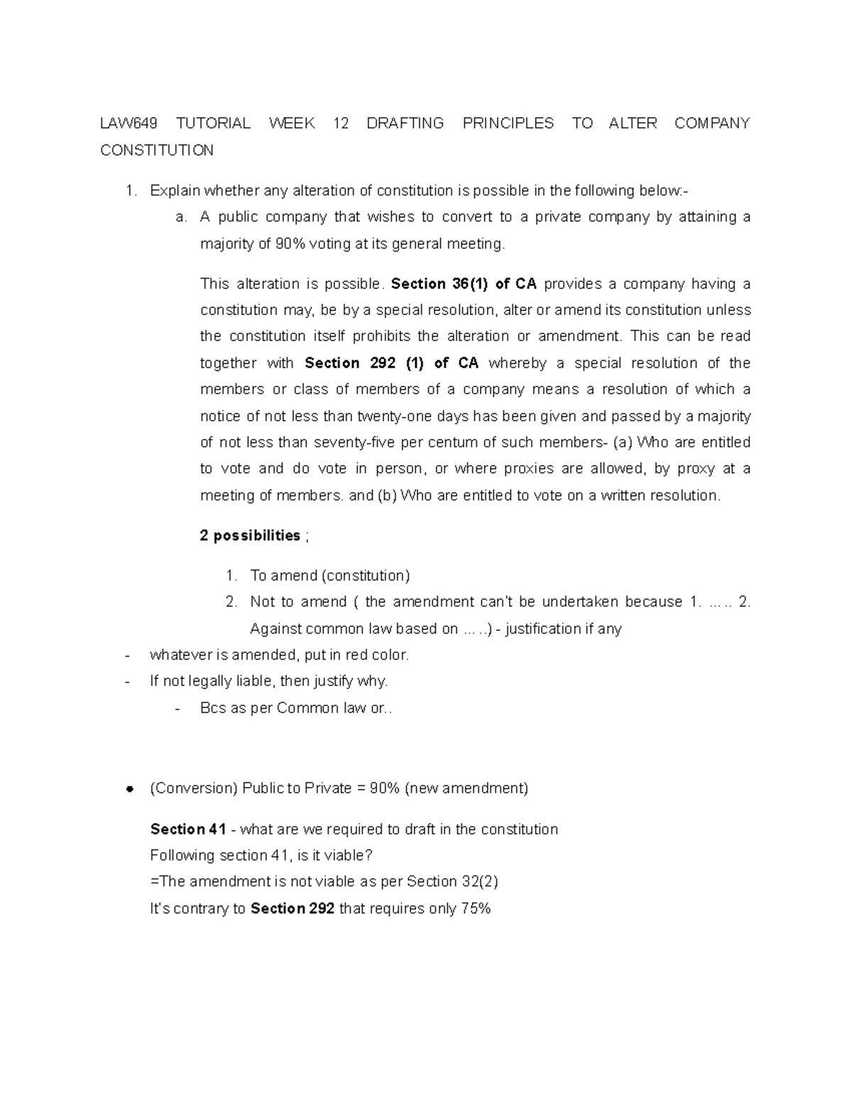 LAW649 Tutorial WEEK 12 - LAW649 TUTORIAL WEEK 12 DRAFTING PRINCIPLES TO ALTER COMPANY ...