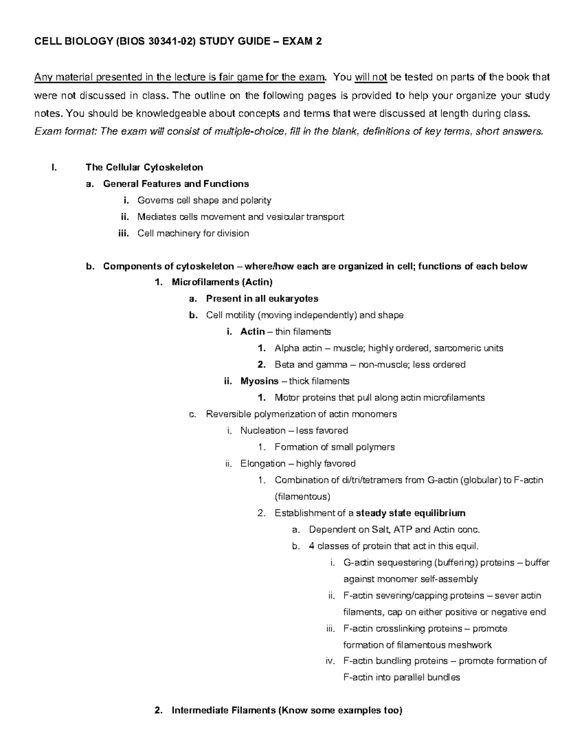 Exam 2 Study Guide - CELL BIOLOGY (BIOS 30341-02) STUDY GUIDE – EXAM 2 ...