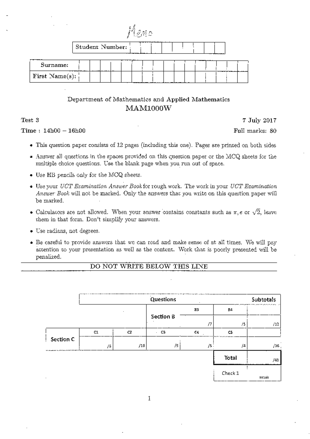Test 3 2017 solution - MATH PAPER - Memo Student Number: Surname: First ...