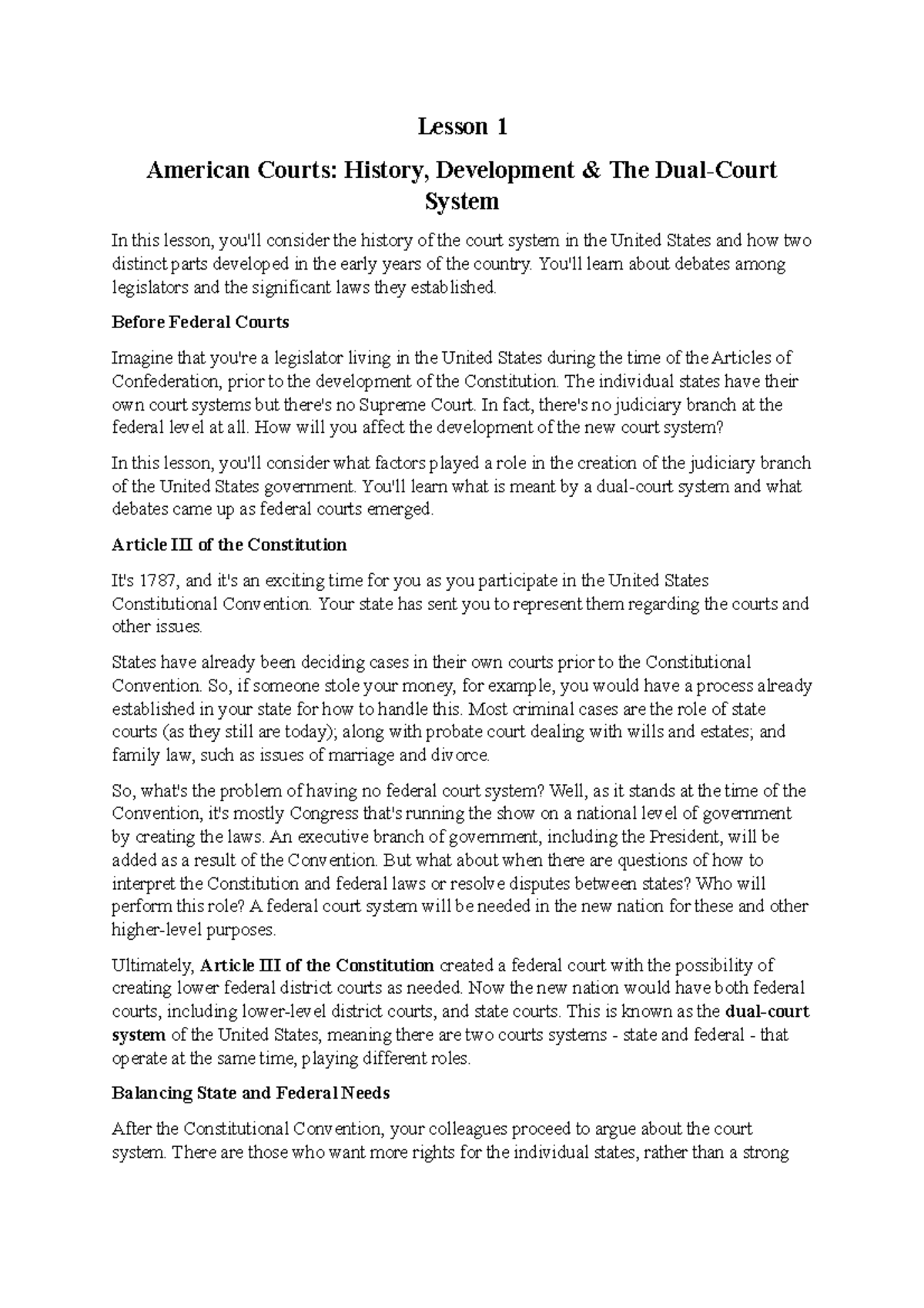 Chapter 6 - The U.S. Court System - Lesson 1 American Courts: History ...